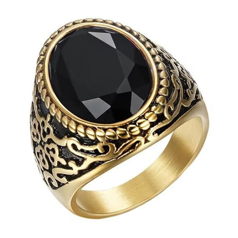 PAURO Men's Stainless Steel Oval Gemstone Rings Gold Plated Cut Black ...