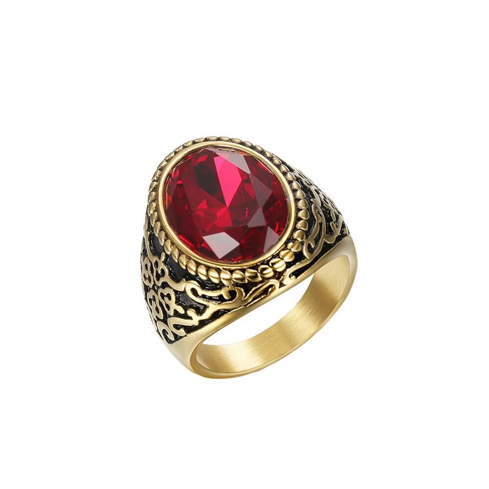 PAURO Men's Stainless Steel Oval Gemstone Rings Gold Plated Cut Red ...