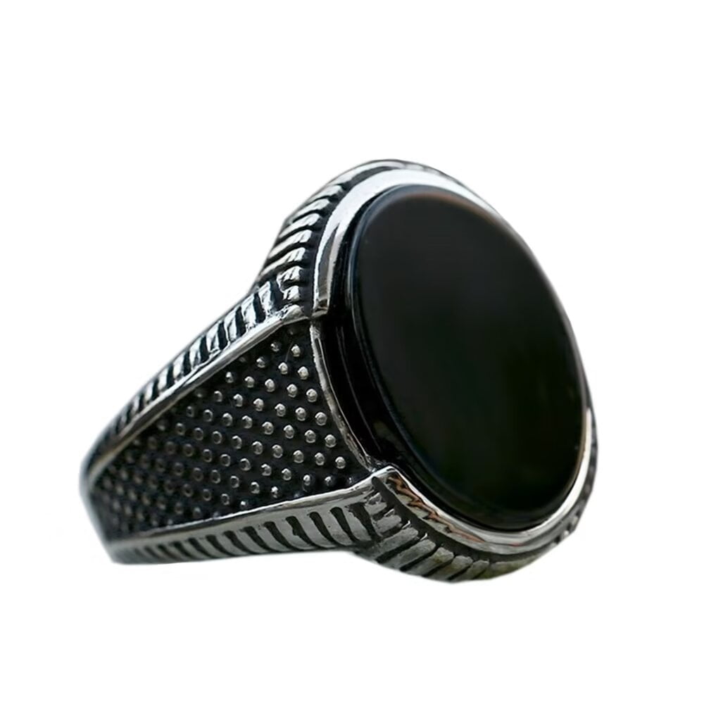 PAURO Men's Stainless Steel Retro Oval Black Agate Signet Ring ...