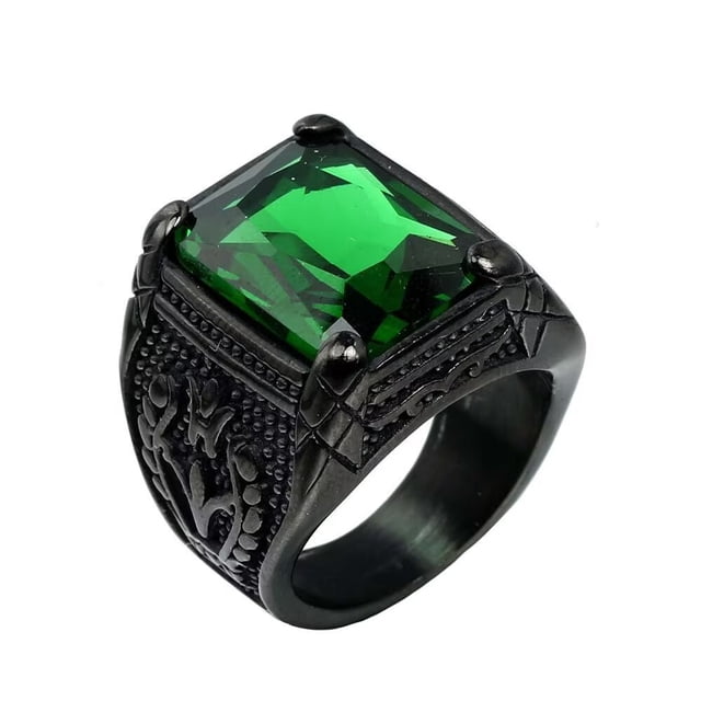 PAURO Men's Stainless Steel Vintage Gemstone Ring Engraved Flower ...
