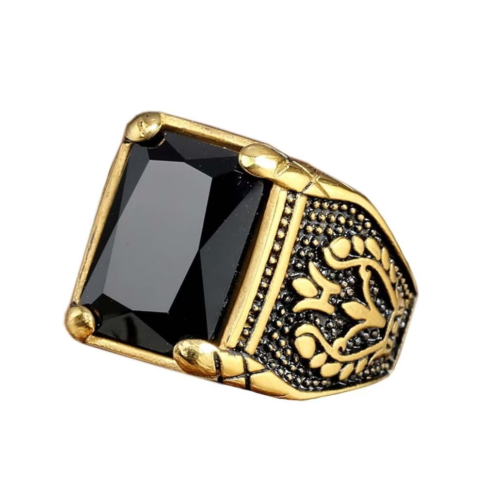 PAURO Men's Stainless Steel Vintage Gemstone Ring Engraved Flower ...