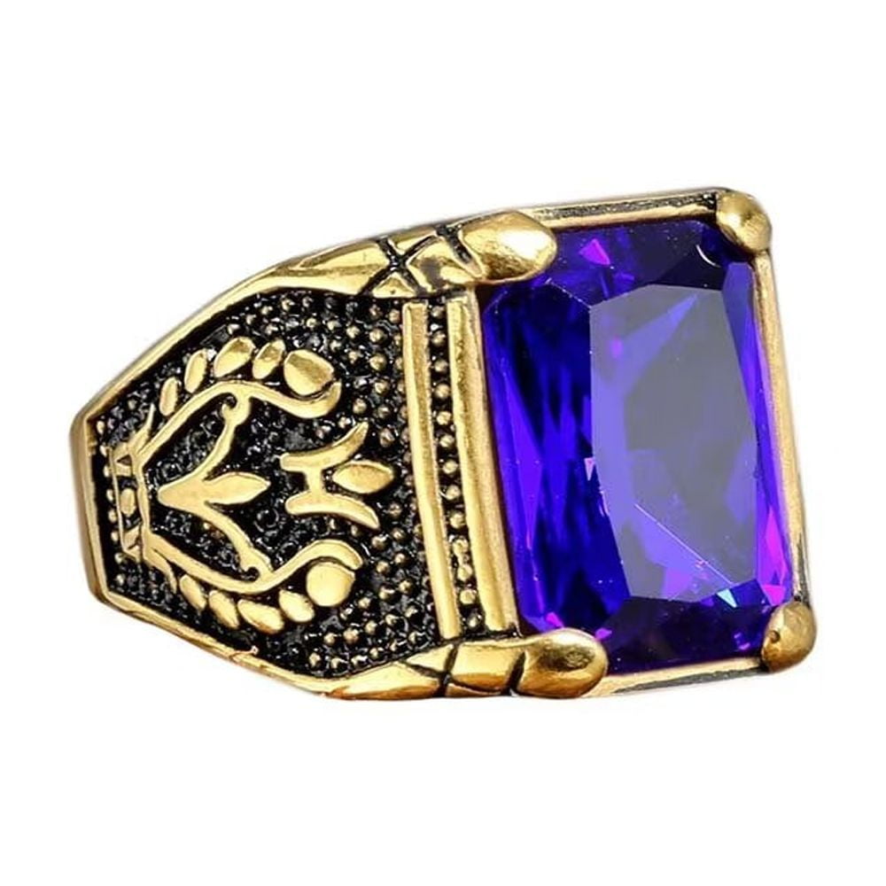 PAURO Men's Stainless Steel Vintage Gemstone Ring Engraved Flower ...