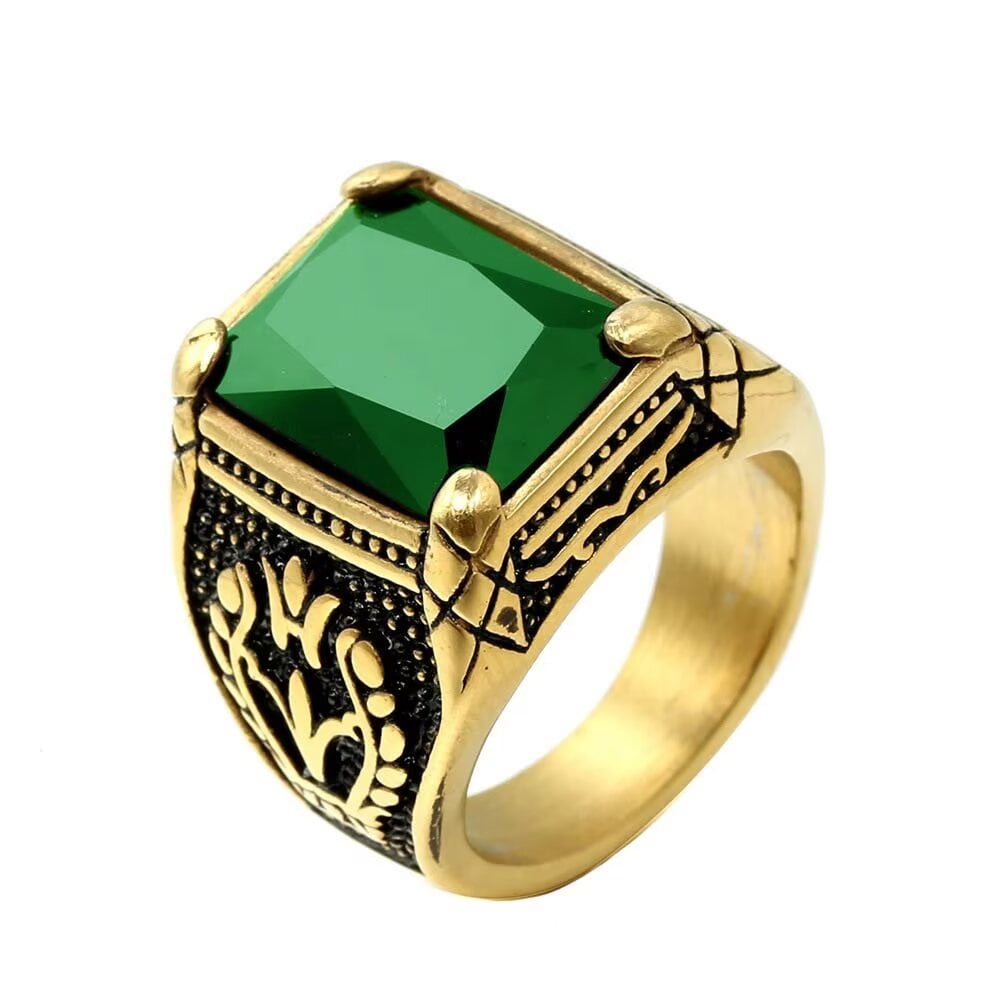 PAURO Men's Stainless Steel Vintage Gemstone Ring Engraved Flower ...