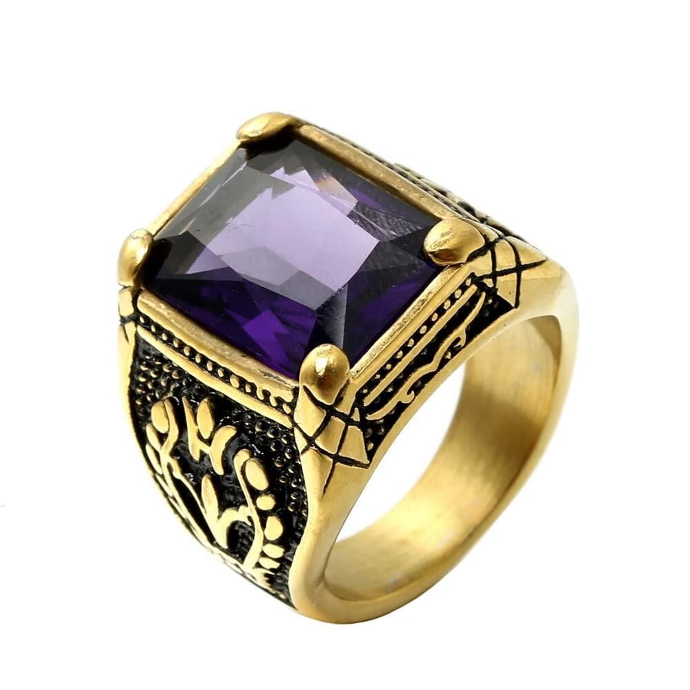 PAURO Men's Stainless Steel Vintage Gemstone Ring Engraved Flower ...