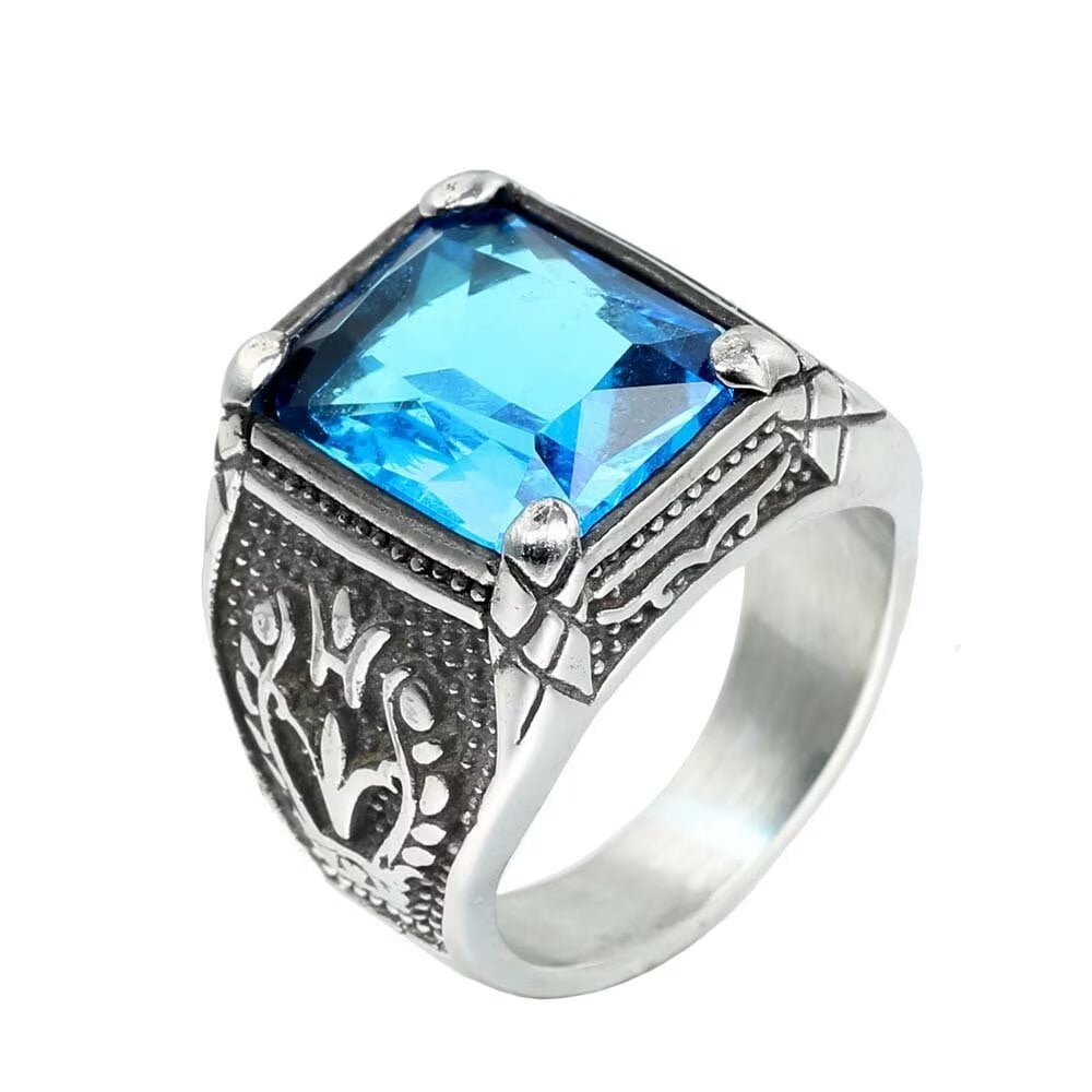 PAURO Men's Stainless Steel Vintage Gemstone Ring Engraved Flower ...