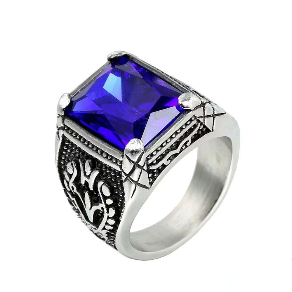 PAURO Men's Stainless Steel Vintage Gemstone Ring Engraved Flower ...