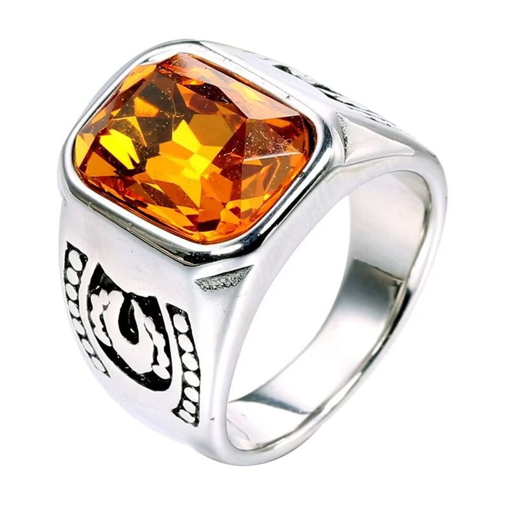PAURO Men's Stainless Steel Vintage Pattern Square Gemstone Ring ...