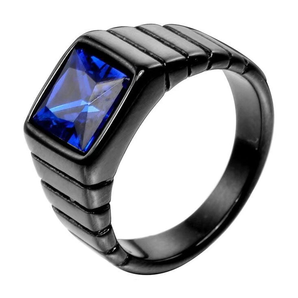 PAURO Men's Stainless Steel Vintage Simple Square Dark Blue Stone Ring ...