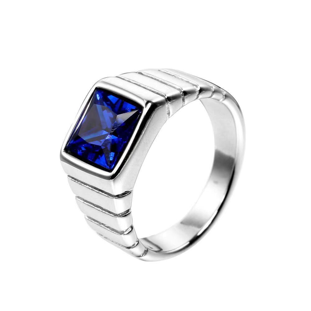 PAURO Men's Stainless Steel Vintage Simple Square Dark Blue Stone Ring ...
