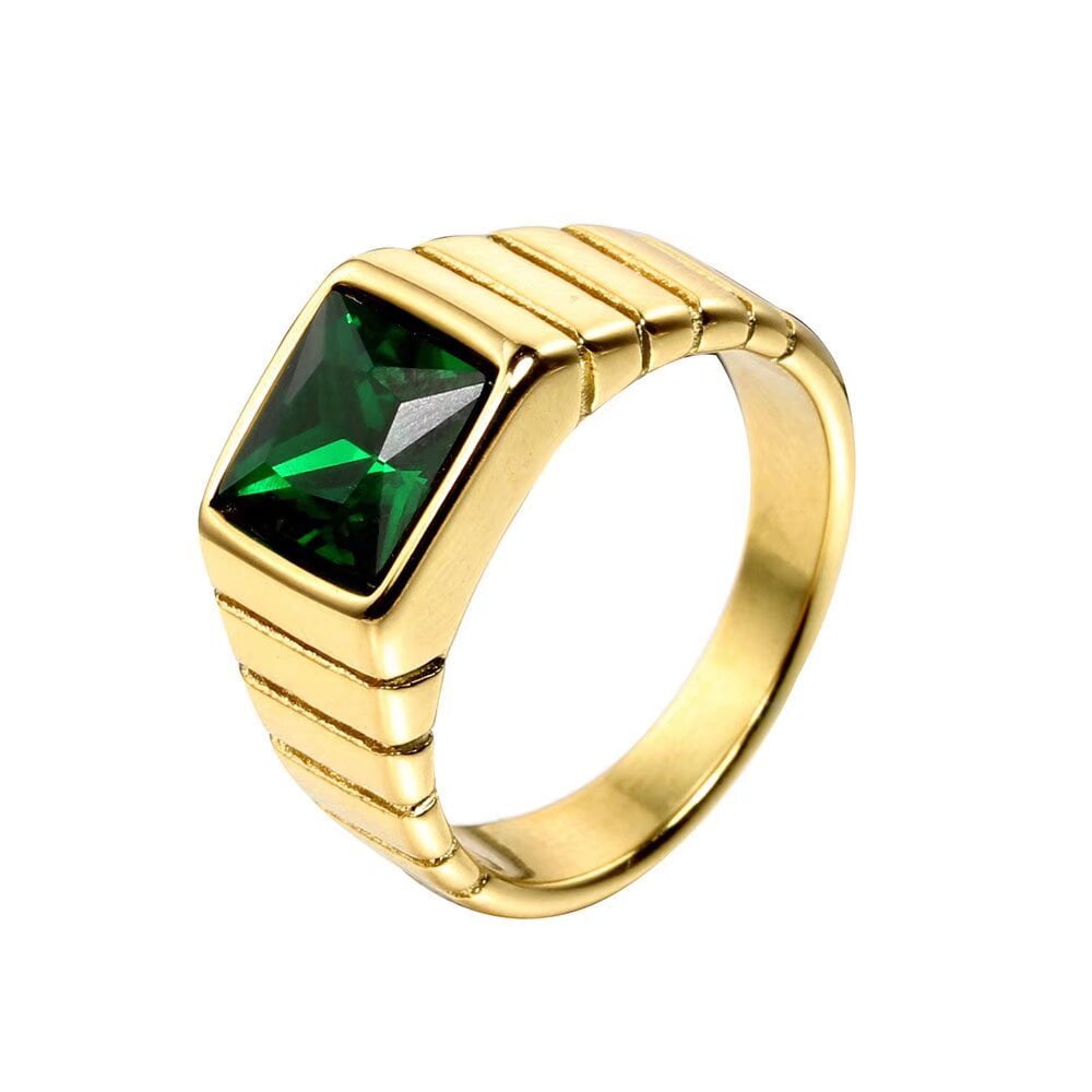 PAURO Men's Stainless Steel Vintage Simple Square Green Stone Ring with ...