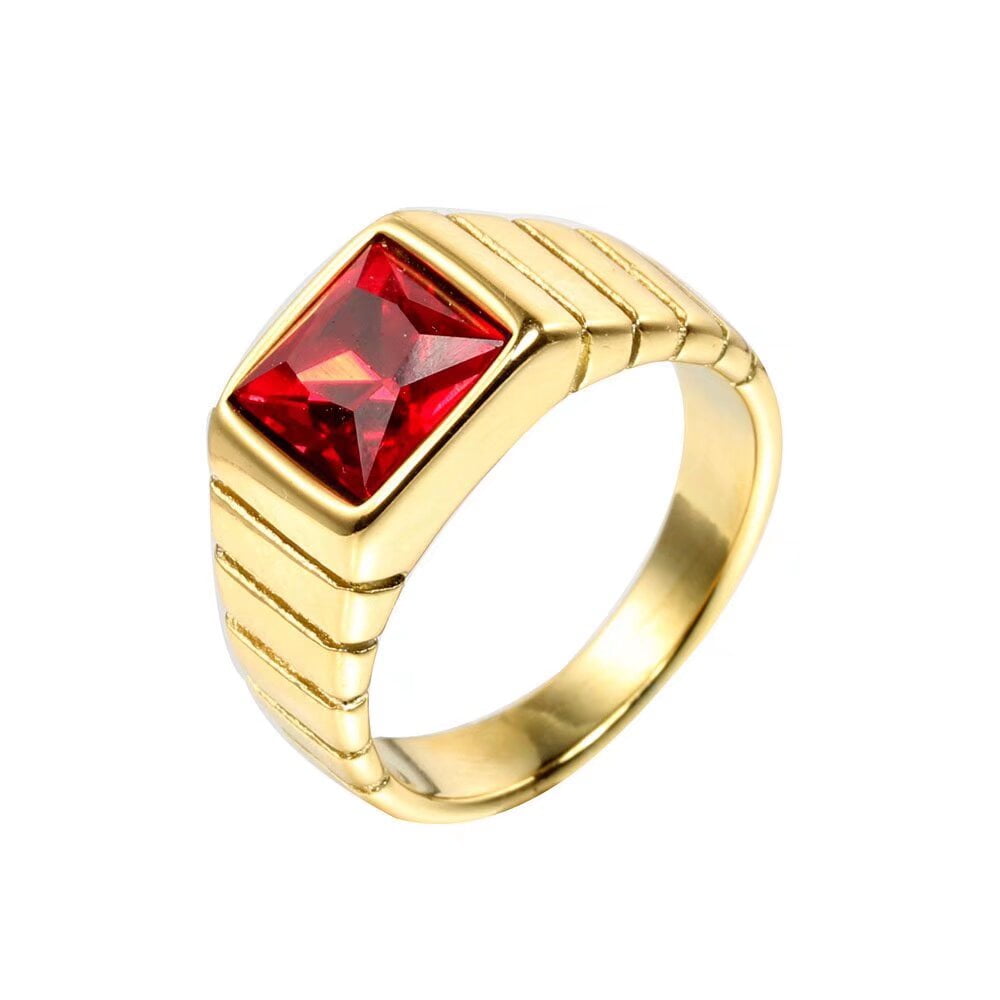 PAURO Men's Stainless Steel Vintage Simple Square Red Stone Ring with ...