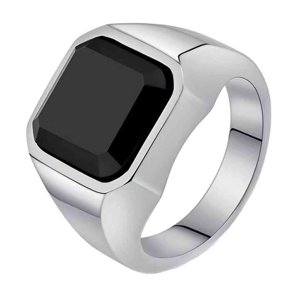 PAURO Men's Stainless Steel Vintage Square Black Agate Signet Rings ...