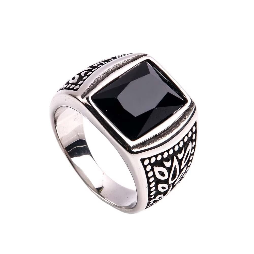 PAURO Vintage Square Agate Signet Ring Stainless Steel Simple Black ...