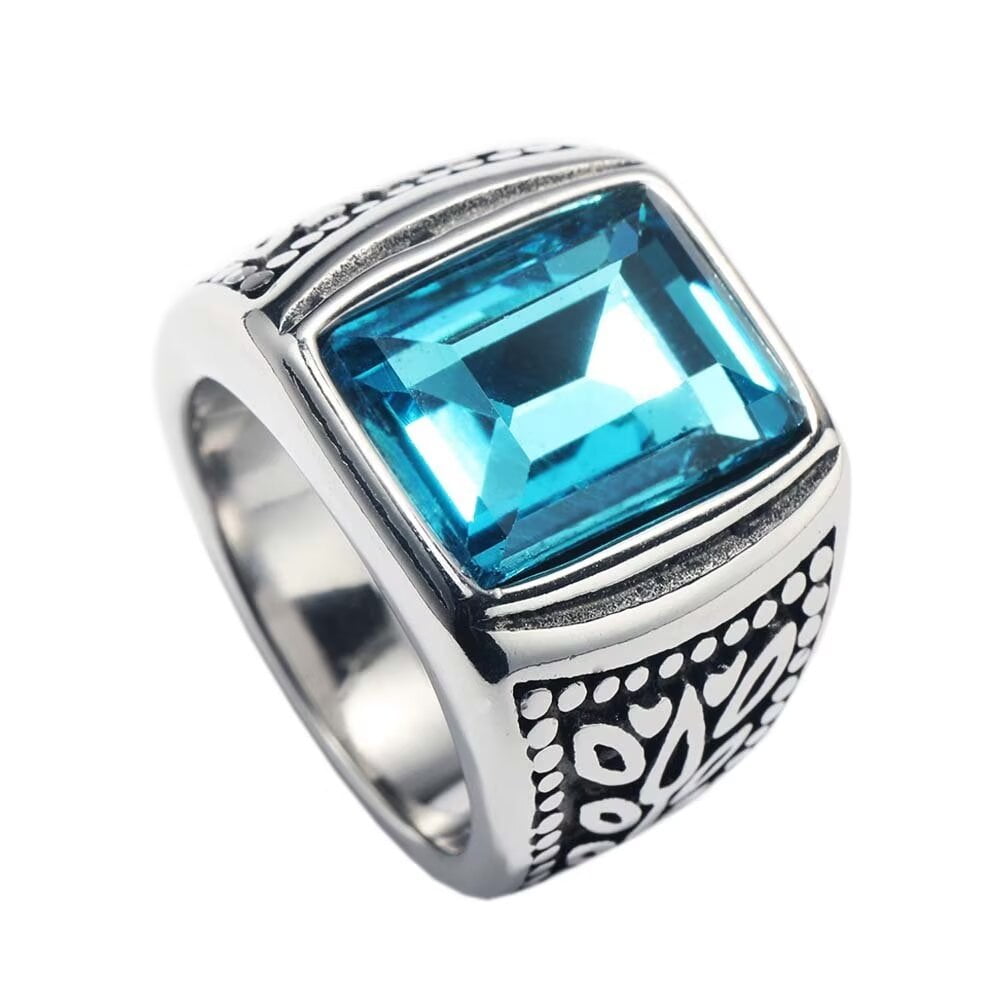 PAURO Vintage Square Agate Signet Ring Stainless Steel Simple Blue ...