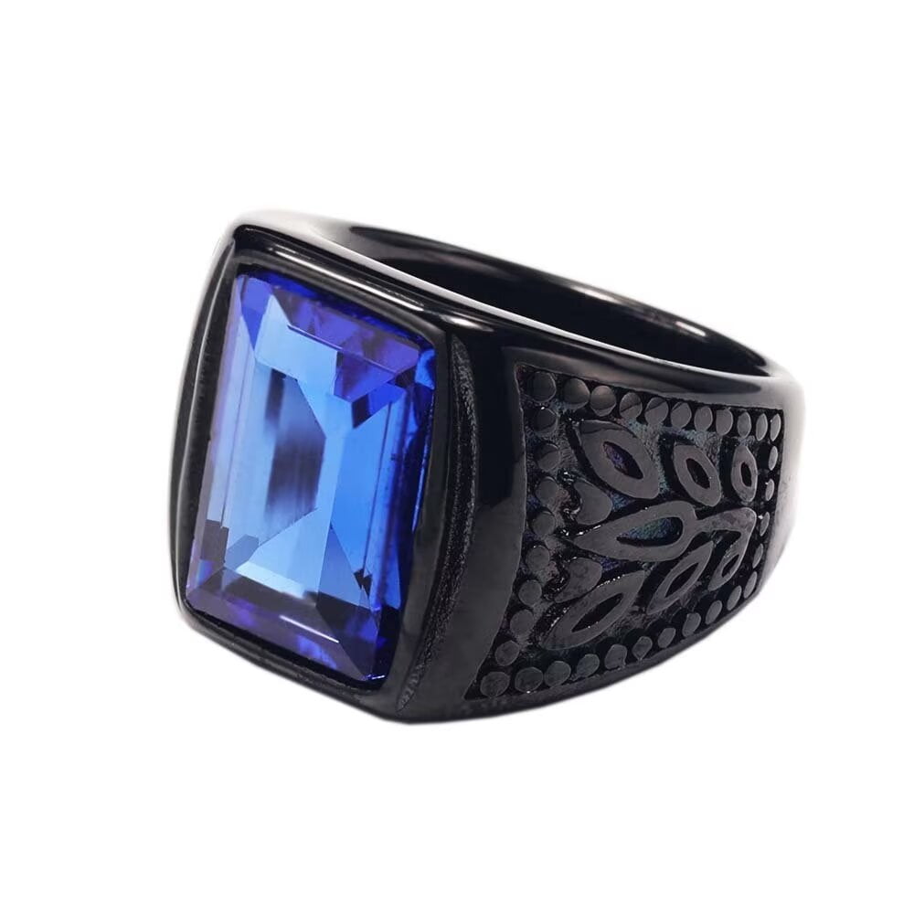 PAURO Vintage Square Agate Signet Ring Stainless Steel Simple Dark Blue ...