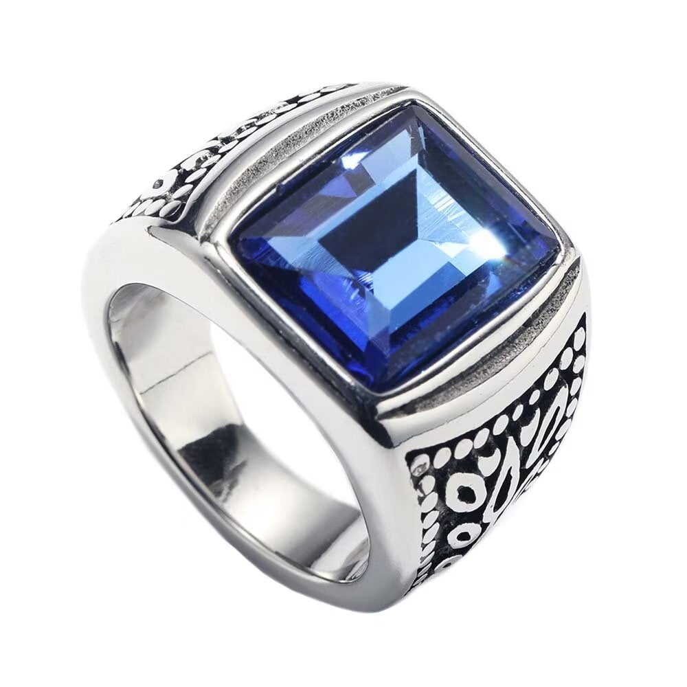 PAURO Vintage Square Agate Signet Ring Stainless Steel Simple Dark Blue ...