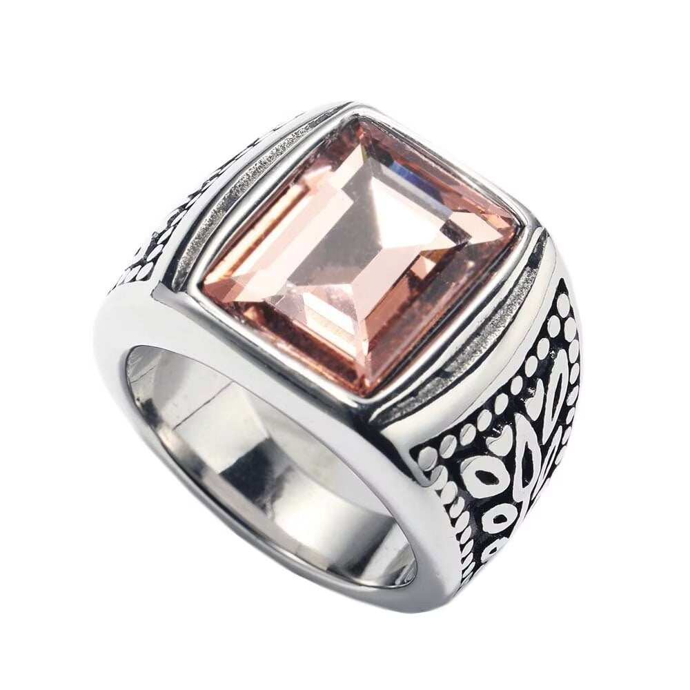 PAURO Vintage Square Agate Signet Ring Stainless Steel Simple Pink ...