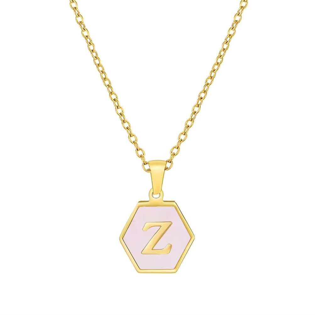 PAURO Women's Stainless Steel 26 Letter Necklace Hexagon Pink Shell ...