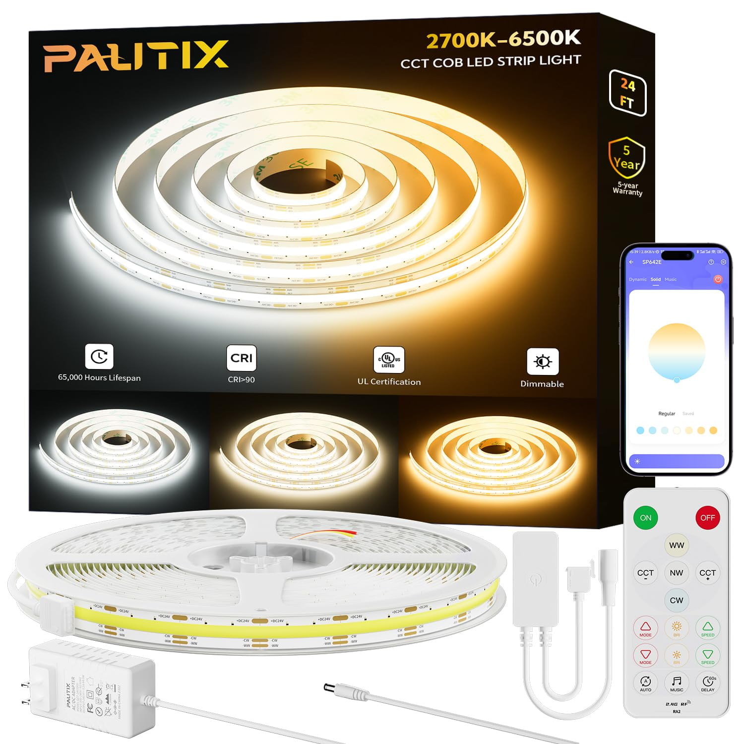 PAUTIX COB LED Strip Light 2700K-6500K CCT Tunable White 24ft UL-Listed Super Bright Dimmable ...