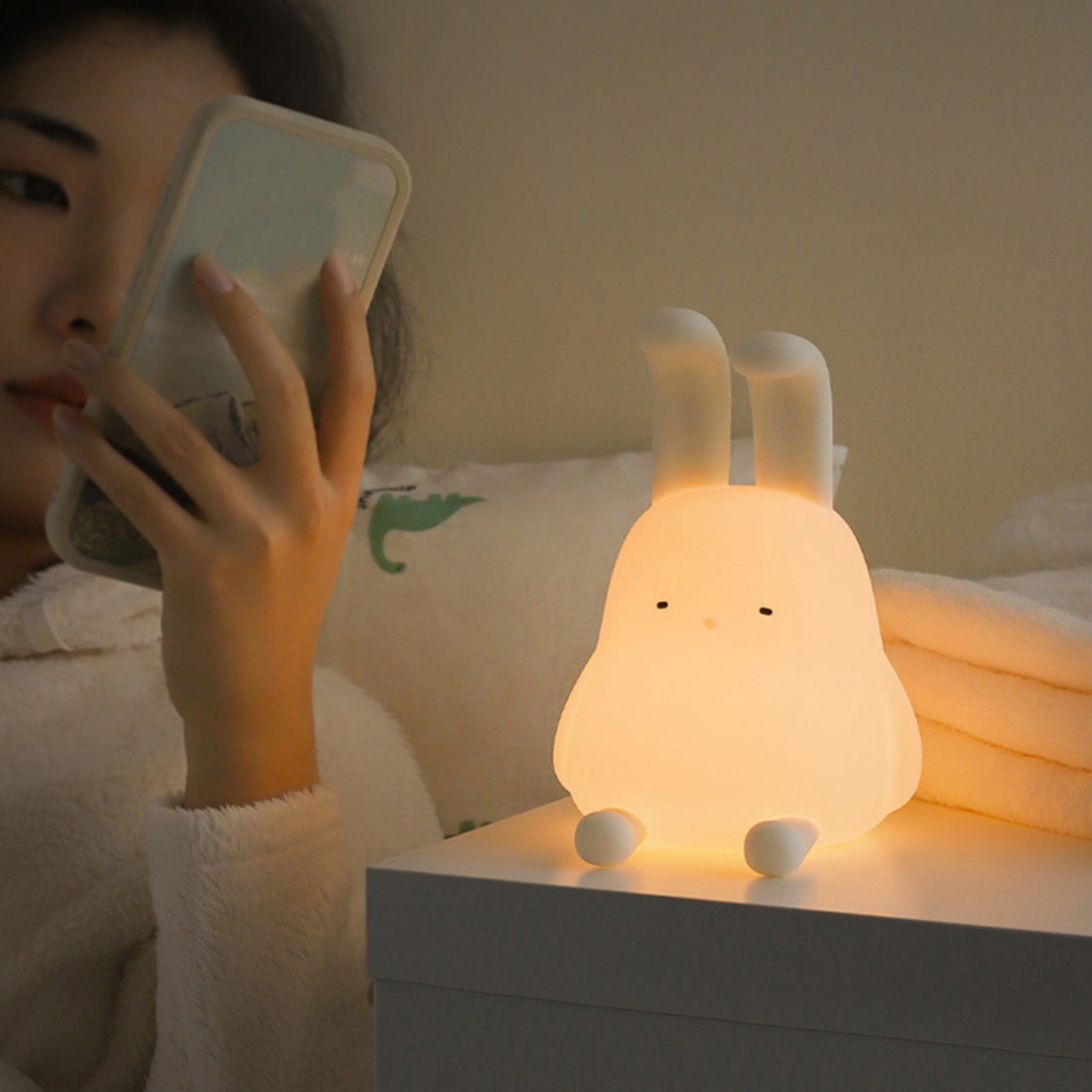 PAVEOS Table Lamp, Cute Rabbits Rechargeable Night Lamp with Soft Light ...