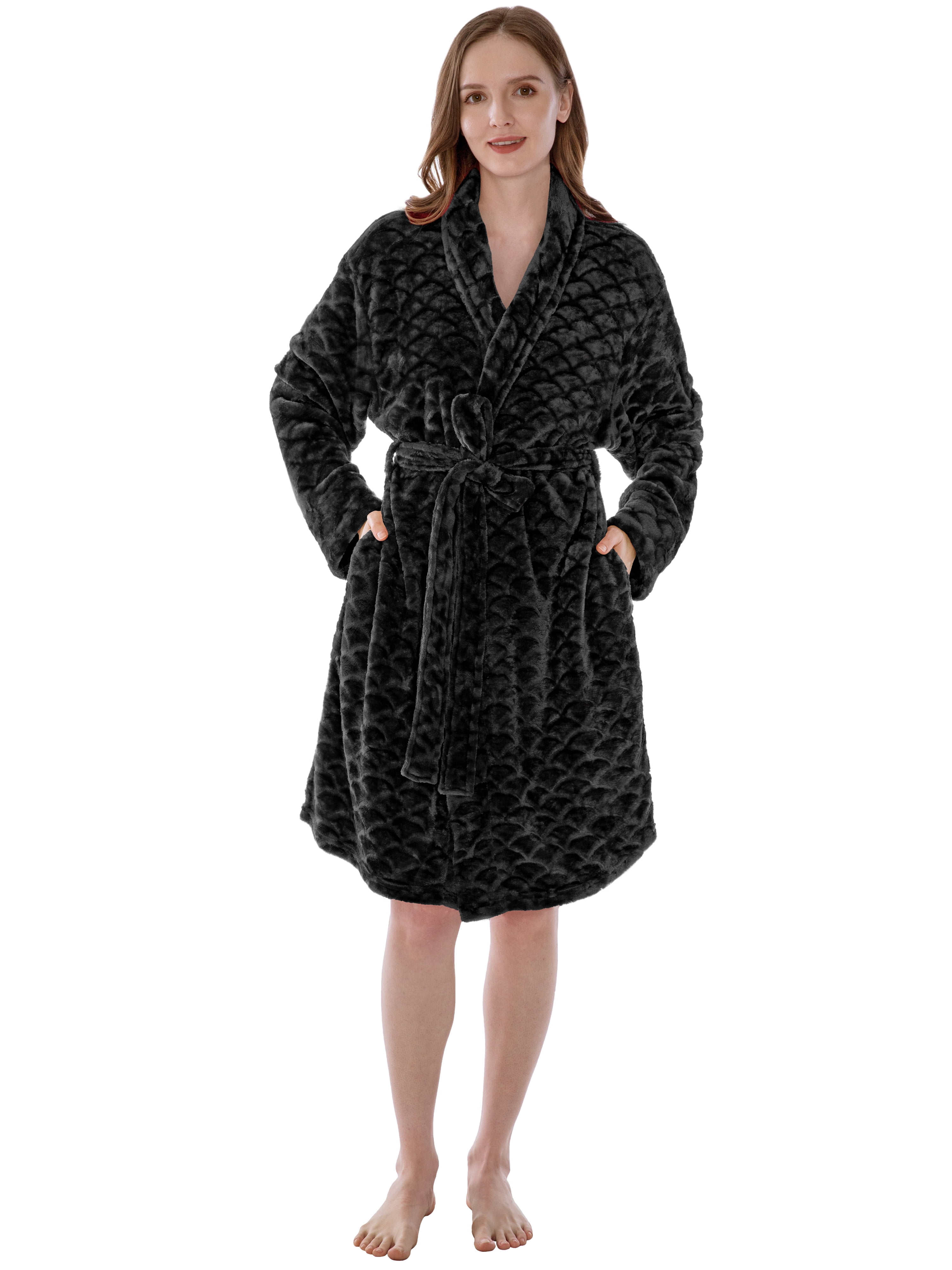 Pavilia Black Plush Short Robe for Women, Soft Fleece Velour Bathrobe ...