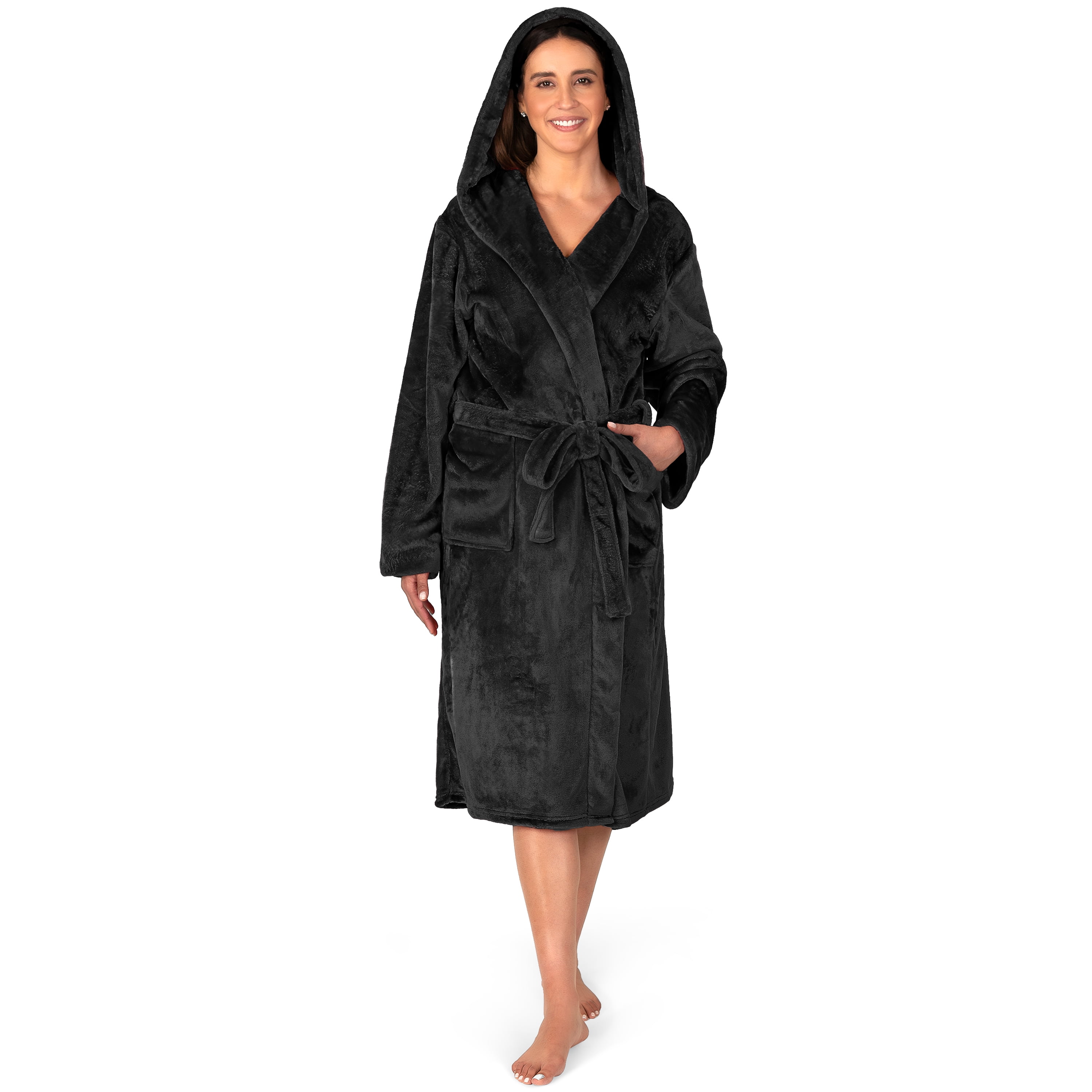 PAVILIA Black Women Robe with Hood, Fleece Lightweight Soft Long Hooded Robe for Women, Plush ...