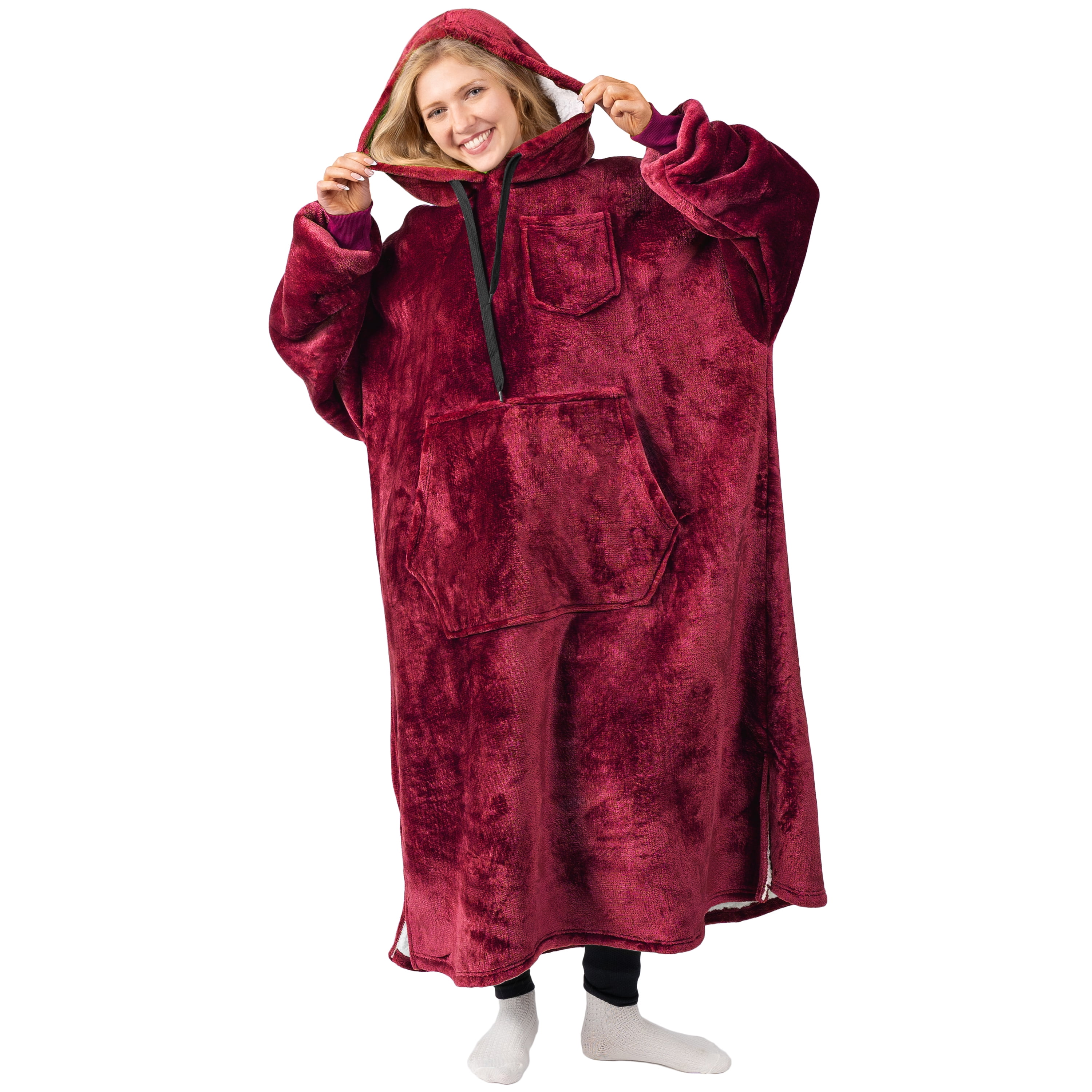 PAVILIA Blanket Hoodie for Women Burgundy, Sherpa Wearable Blanket Men ...
