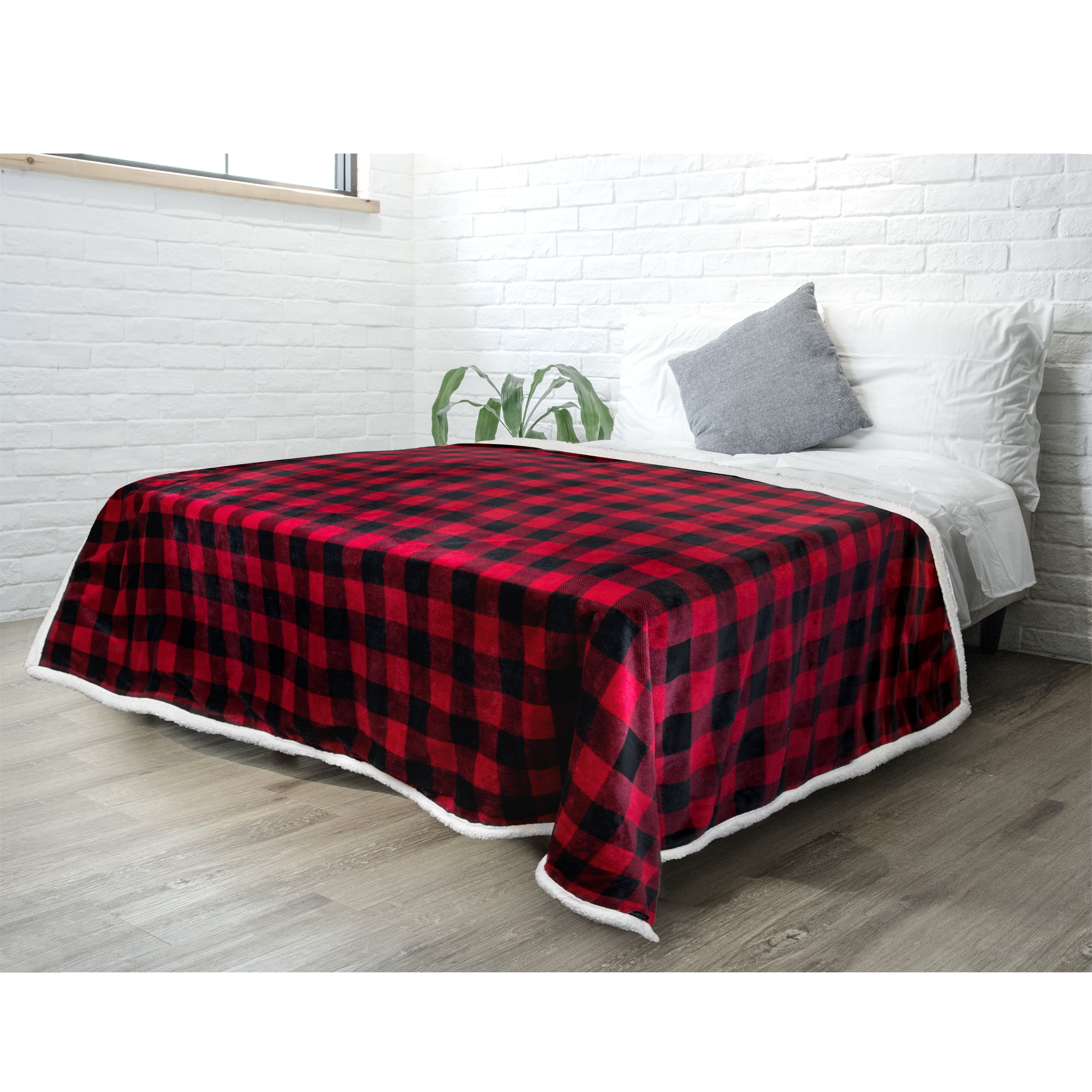 PAVILIA Buffalo Plaid Sherpa Blanket King | Fuzzy Red Black Checkered ...