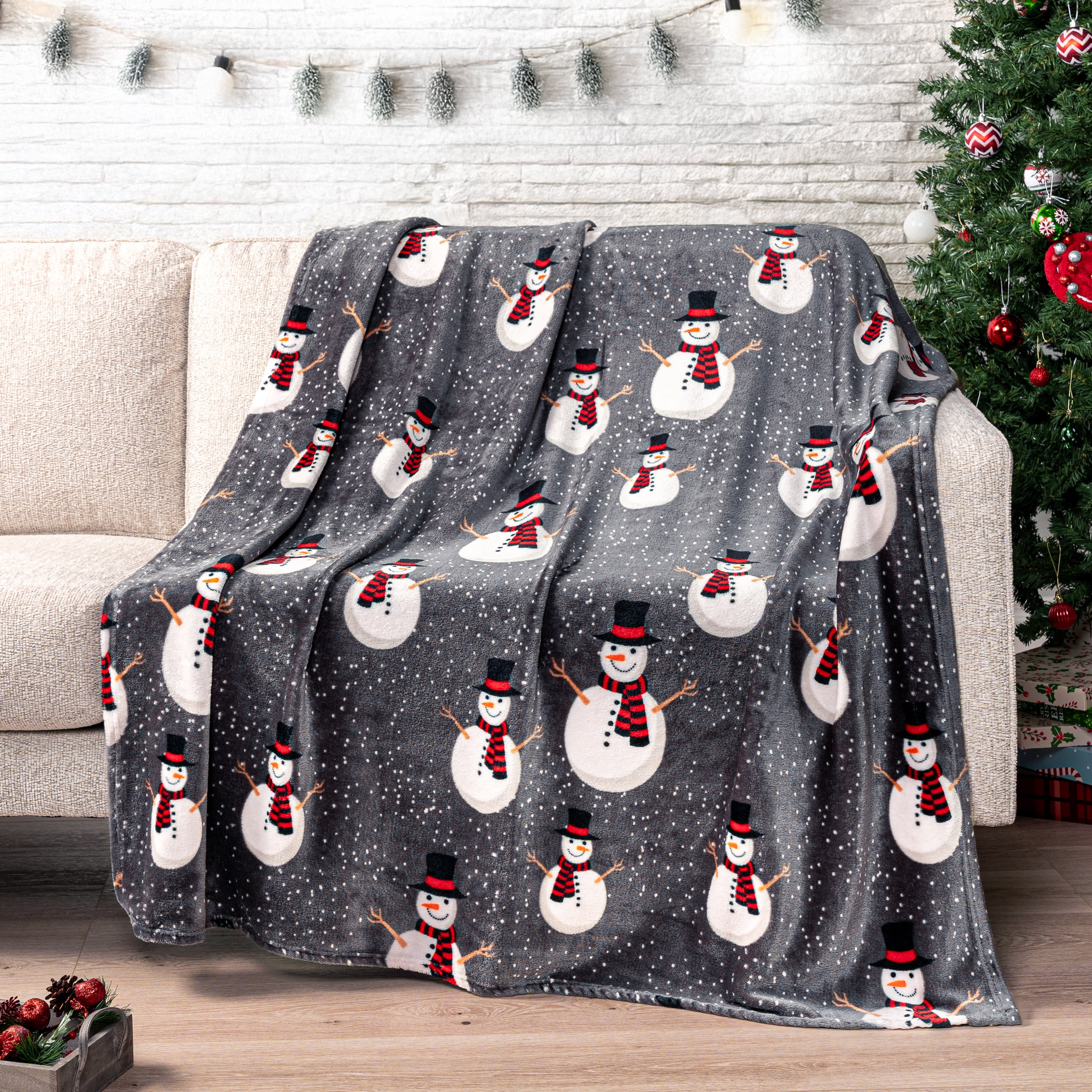Pavilia Christmas Snowman Throw Blanket, Grey Fleece, Plush Winter ...