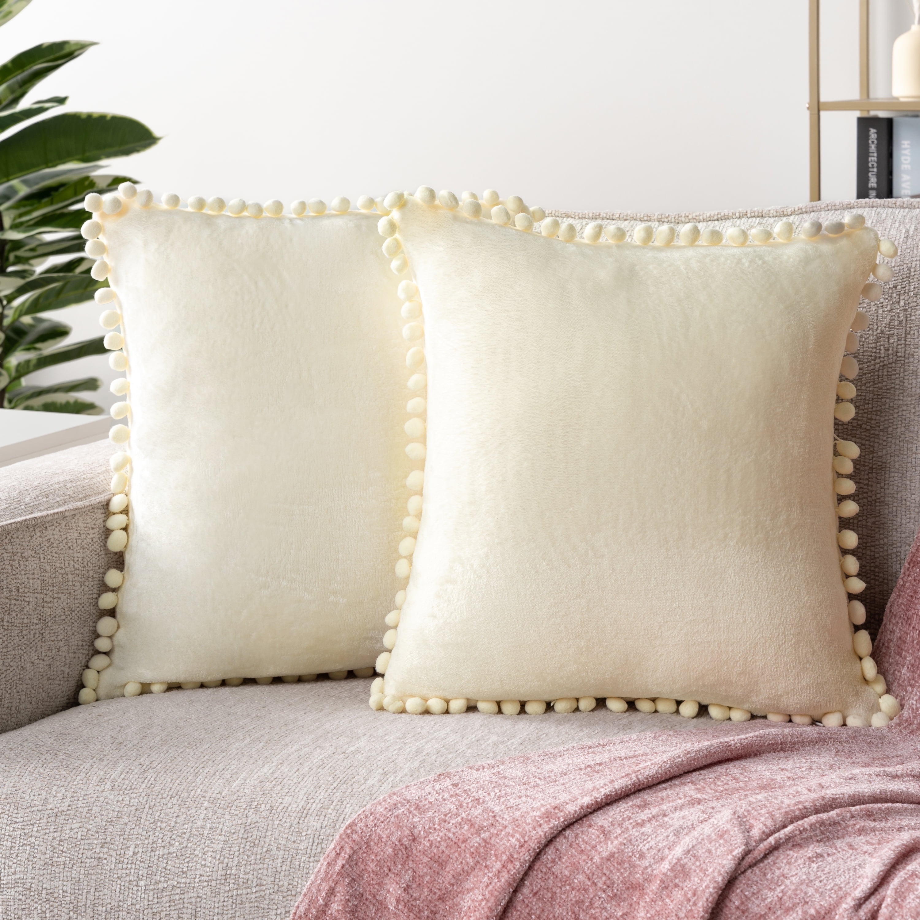 PAVILIA Cream Beige Throw Pillow Covers with Pom Pom 20x20 Set of 2 ...