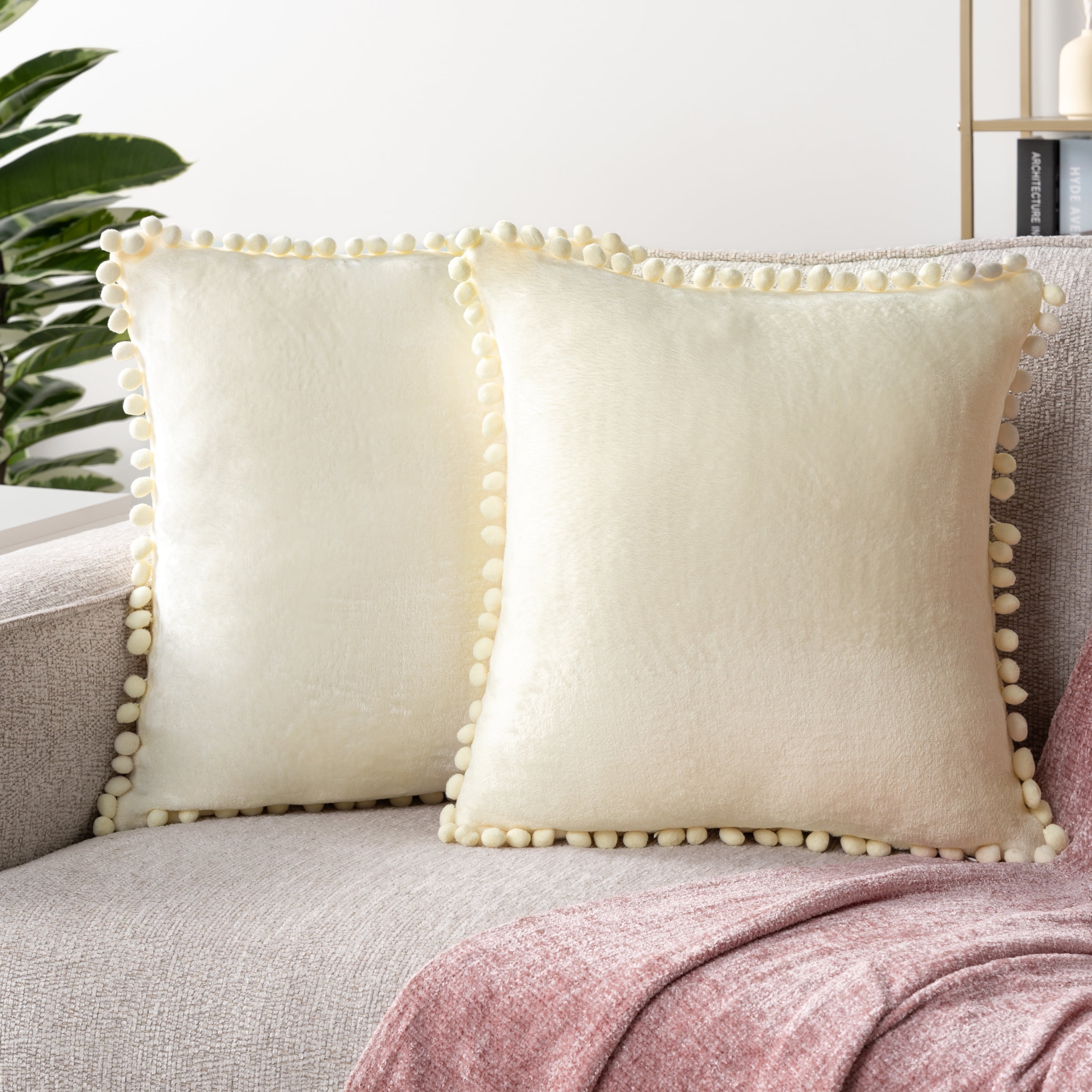 PAVILIA Cream Beige Throw Pillow Covers with Pom Pom 18x18 Set of 2 ...