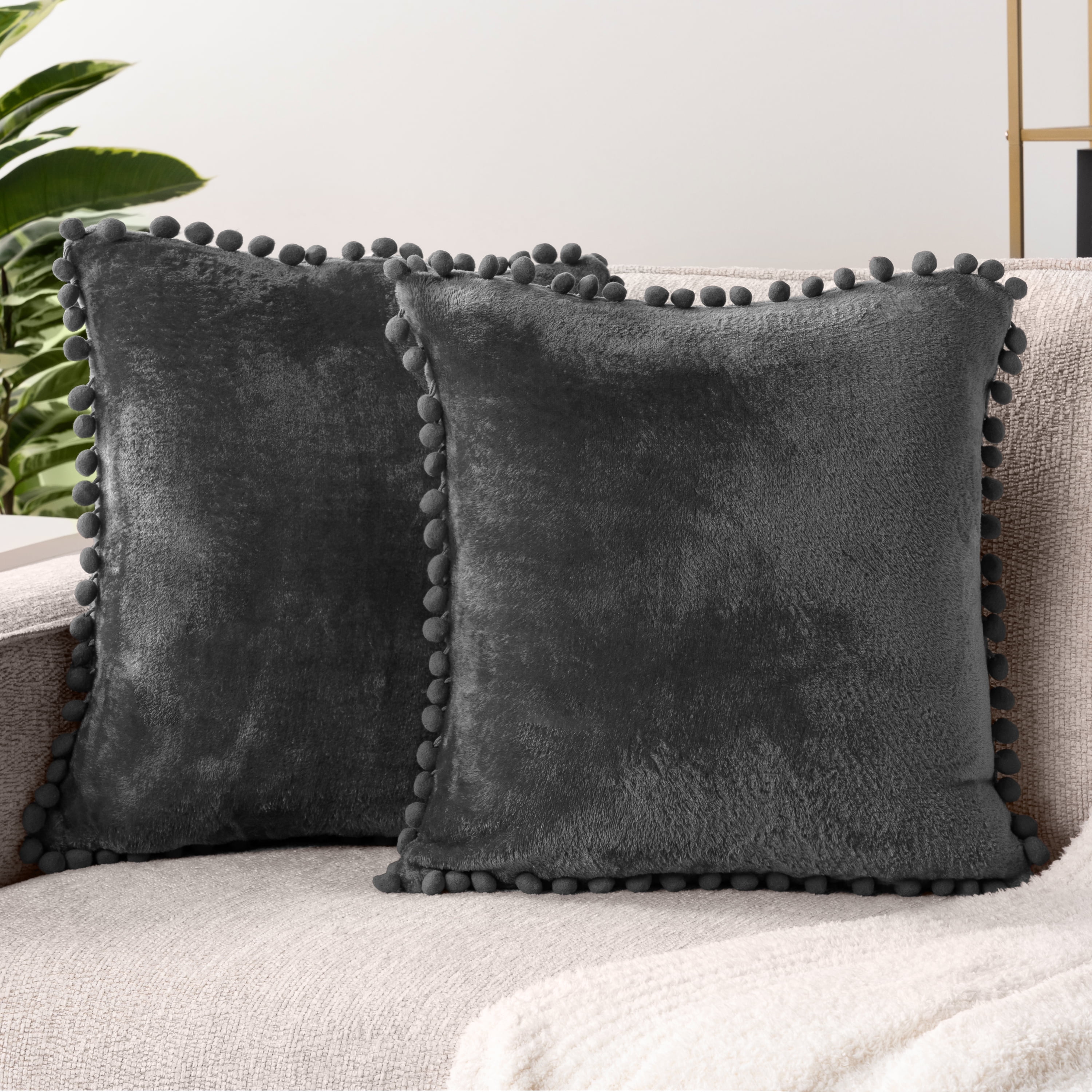 PAVILIA Dark Gray Throw Pillow Covers with Pom Pom 18x18 Set of 2 ...