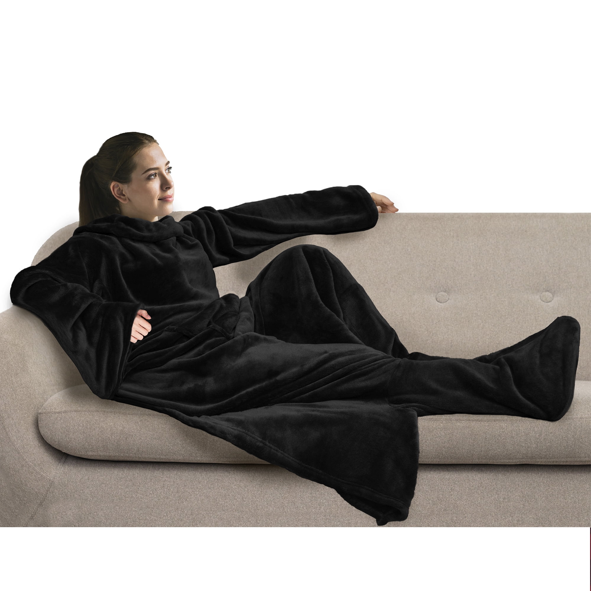 PAVILIA Fleece Blanket with Sleeves and Foot Pockets for Women Men ...