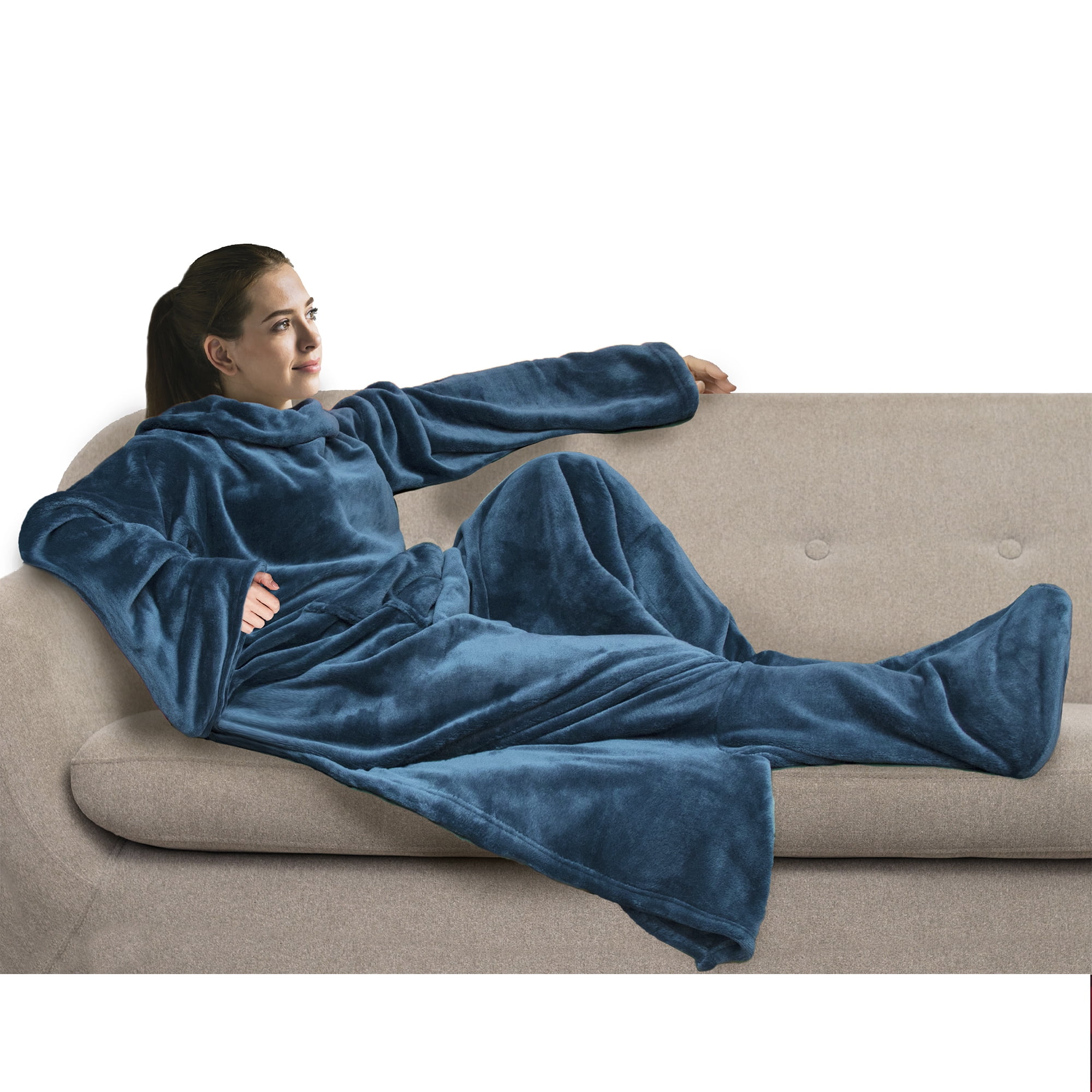 PAVILIA Premium Fleece Wearable Blanket with Sleeves, Foot Pockets ...