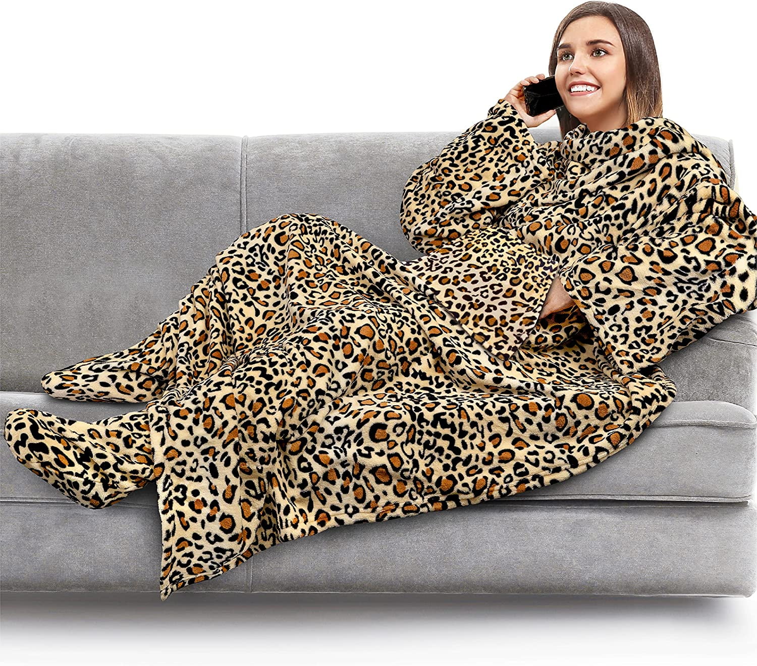PAVILIA Fleece Blanket with Sleeves, Foot Pockets for Women Men Adults ...