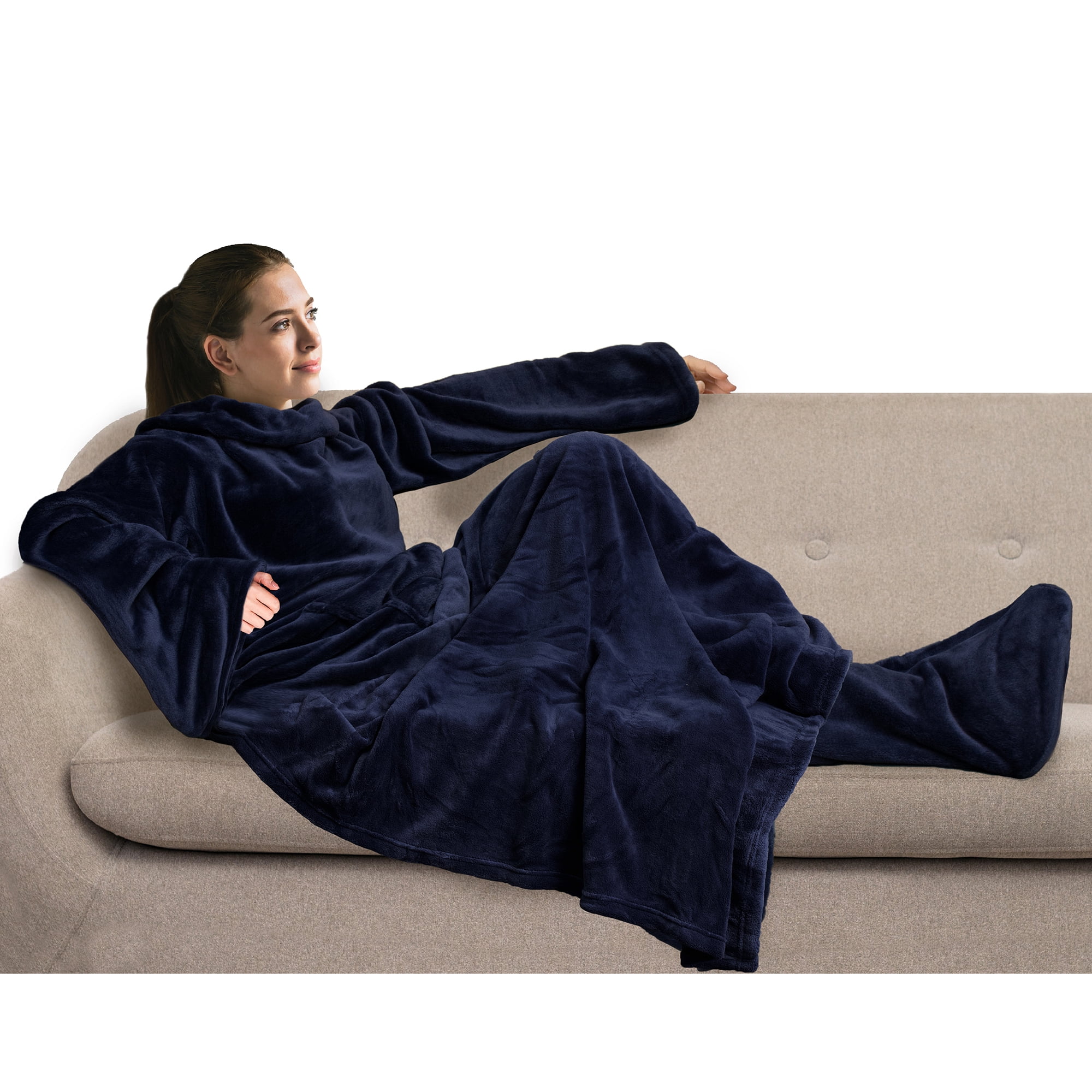 PAVILIA Fleece Blanket with Sleeves, Foot Pockets for Women Men Adults ...