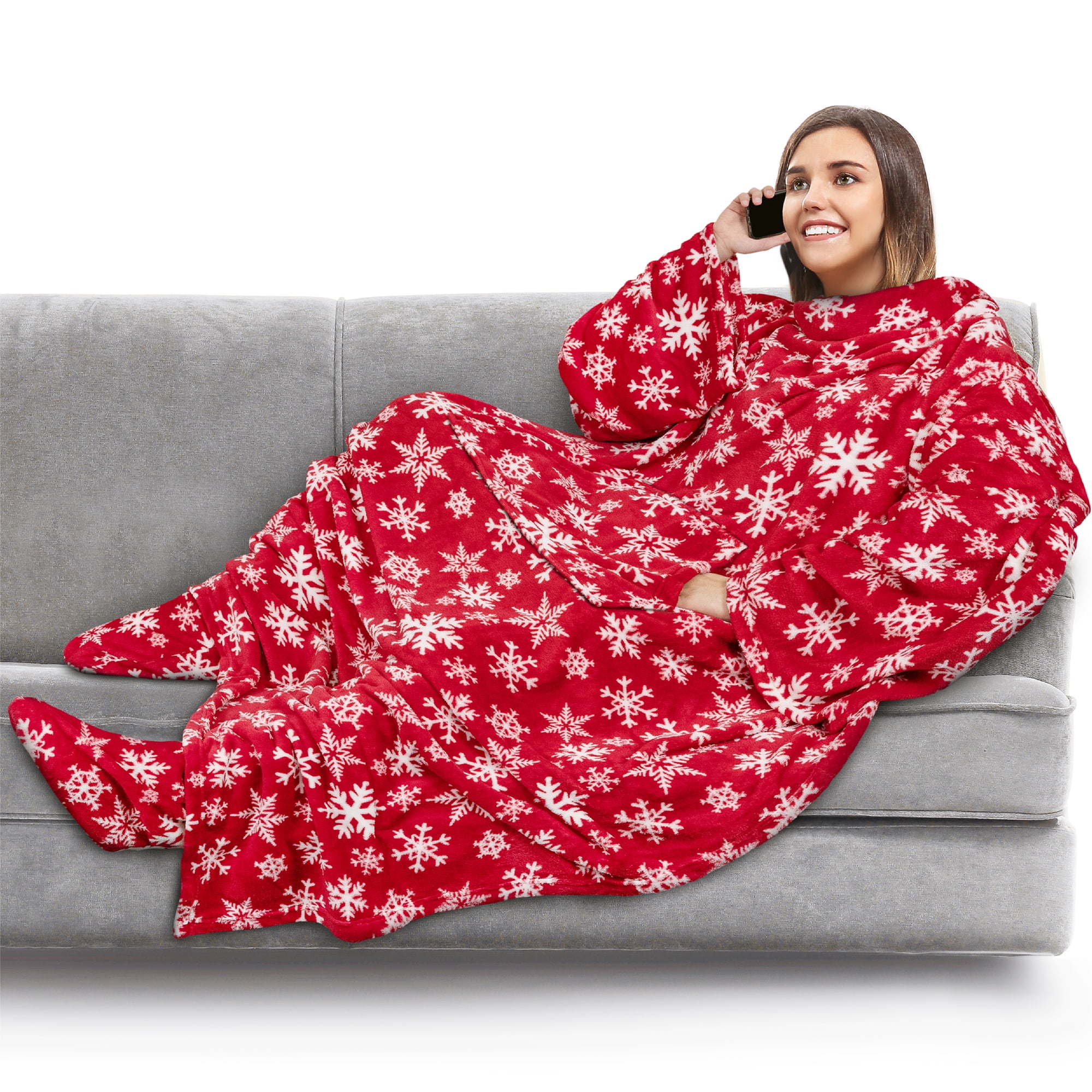 PAVILIA Fleece Blanket with Sleeves, Foot Pockets for Women Men Adults ...