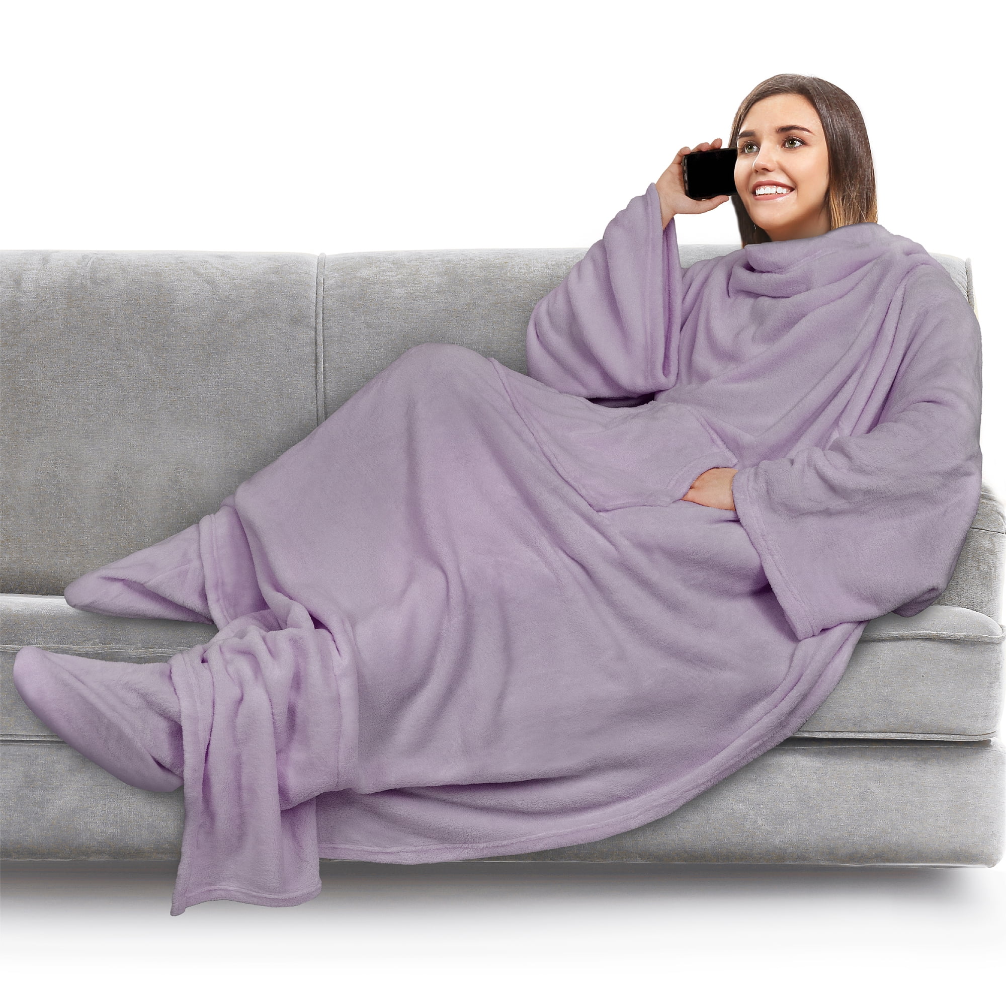 PAVILIA Fleece Blanket with Sleeves, Foot Pockets for Women Men Adults ...