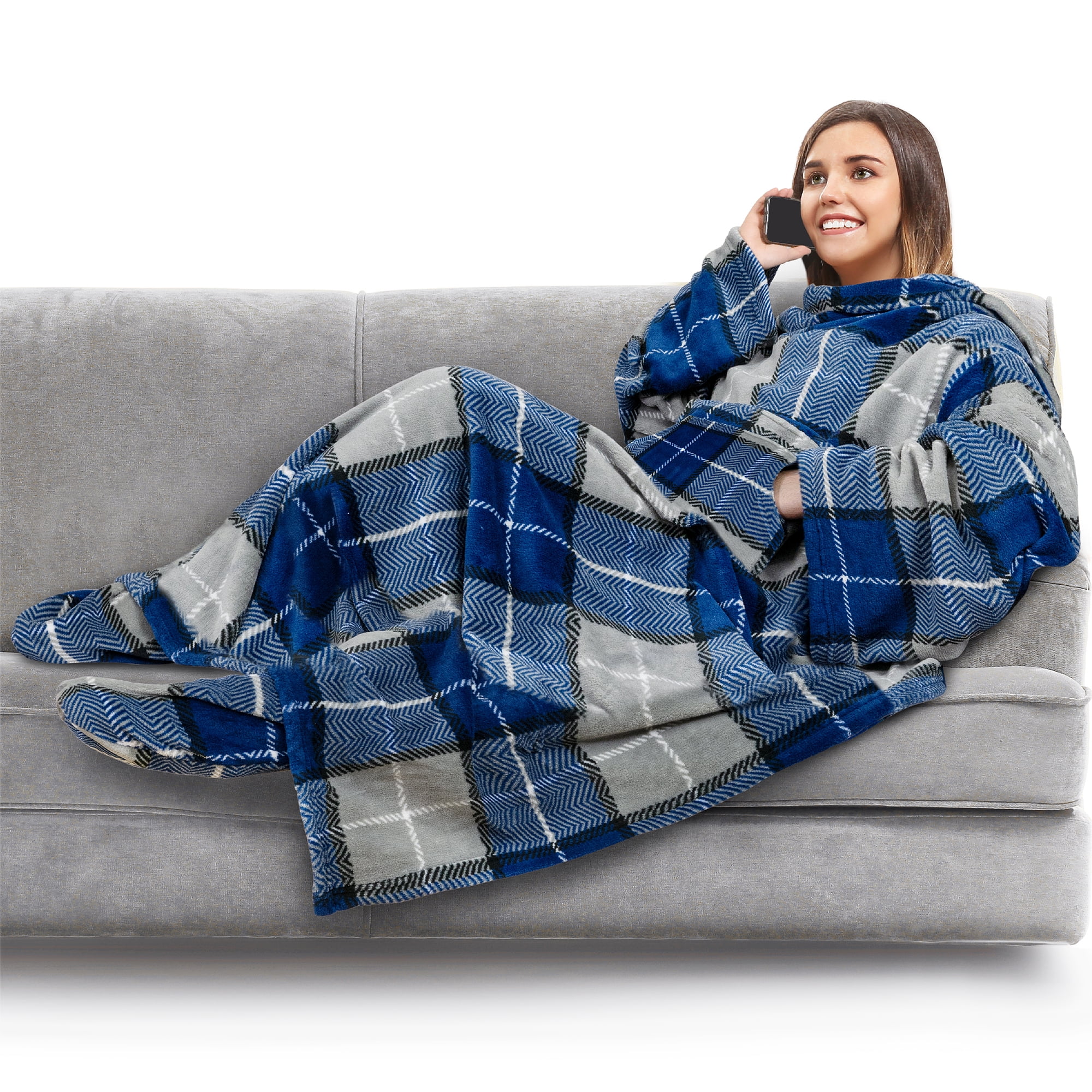 PAVILIA Fleece Blanket with Sleeves, Foot Pockets for Women Men Adults ...