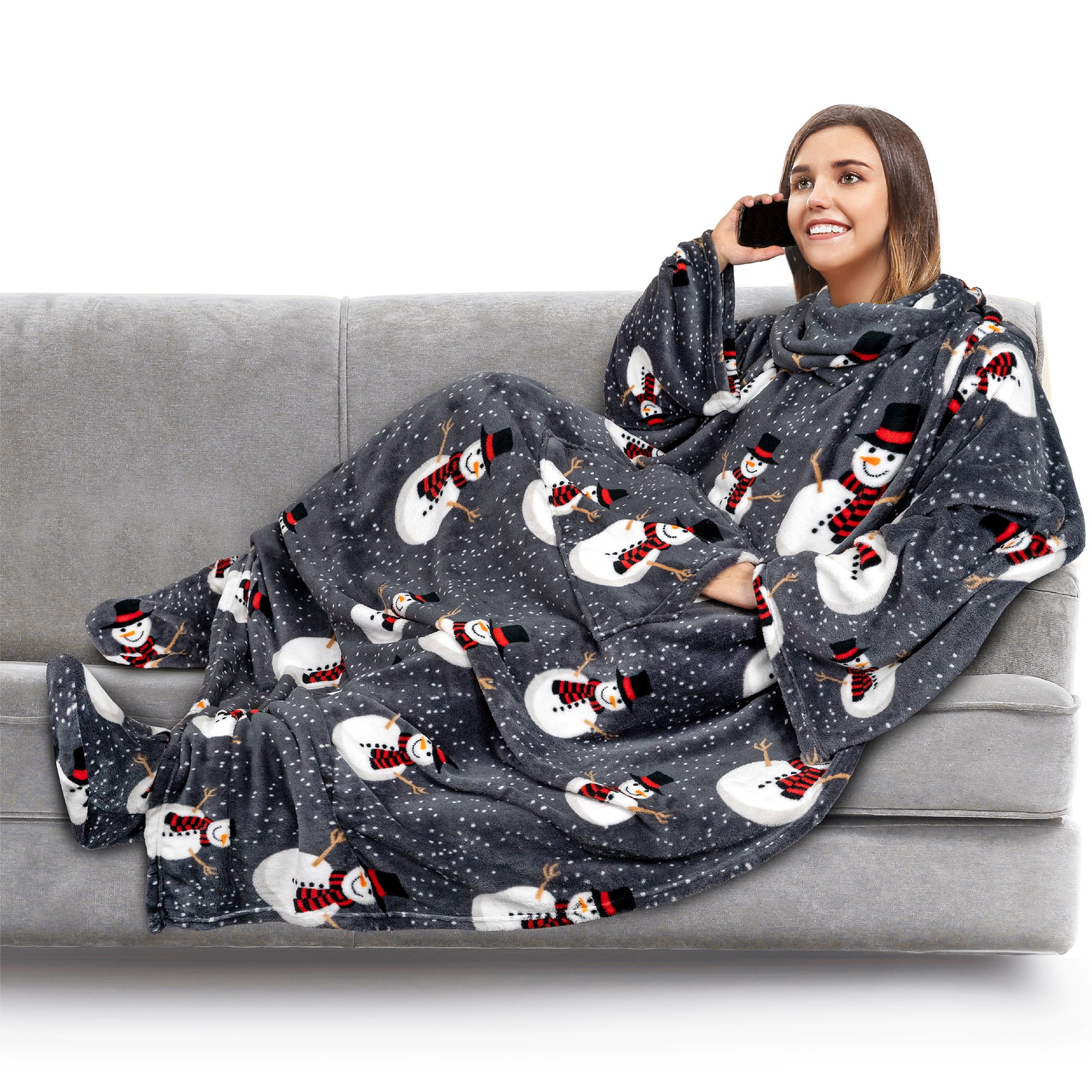 PAVILIA Oversize Wearable Body Fleece Blanket with Sleeves, Foot ...