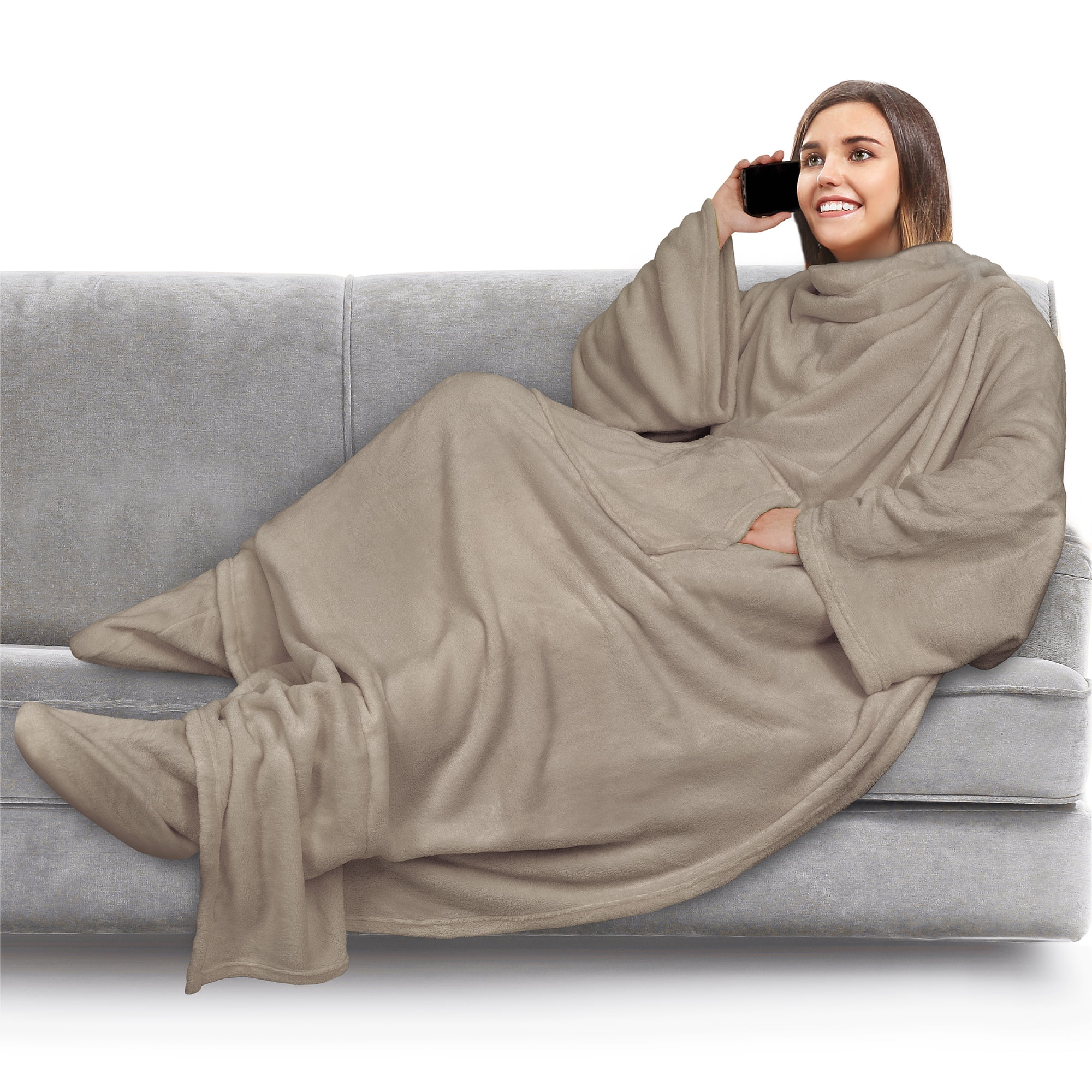 PAVILIA Fleece Blanket with Sleeves, Foot Pockets for Women Men Adults ...