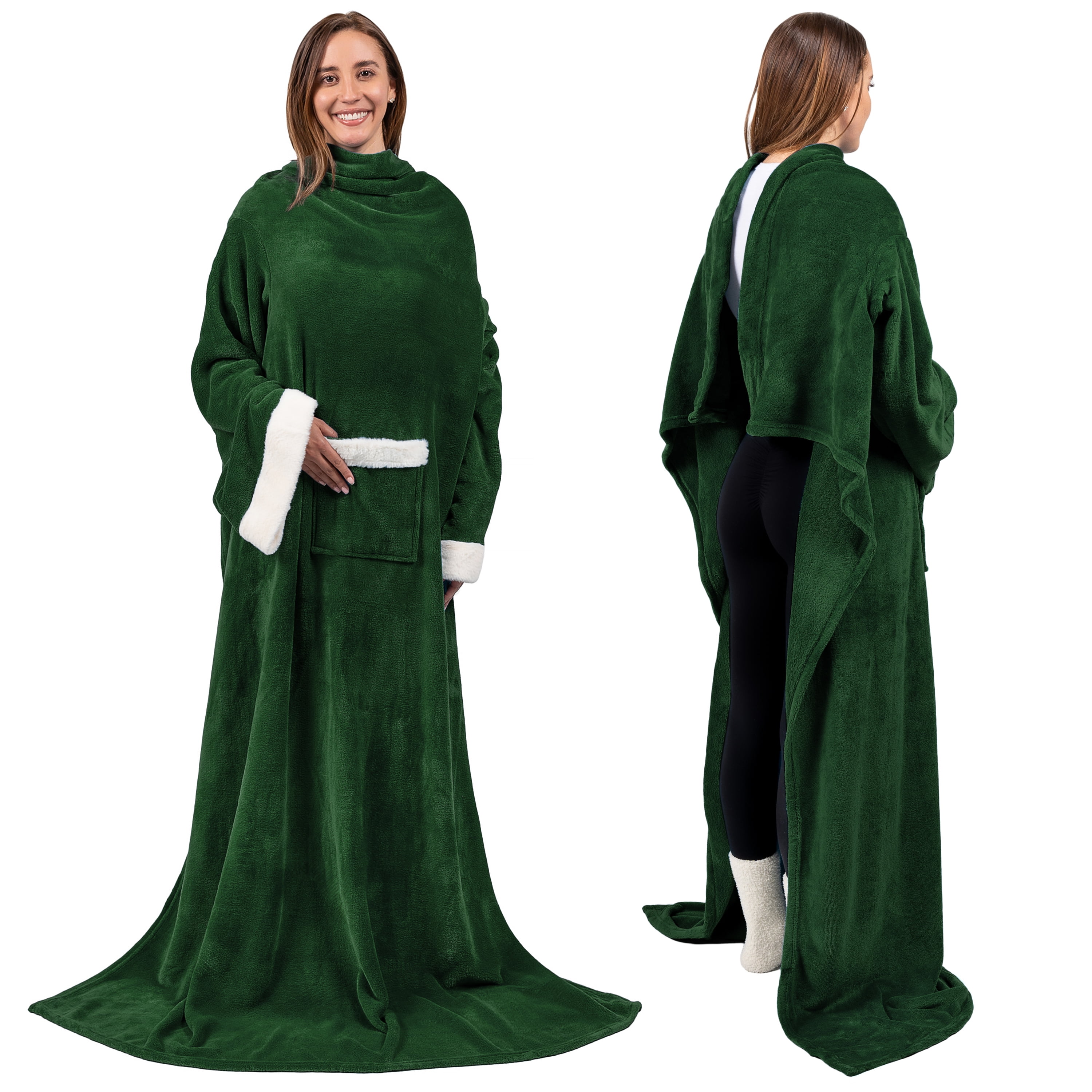 PAVILIA Body Comfy Sherpa Oversize Cuddle Fleece Blanket Warm Sleeves, Dark Green - Walmart.com