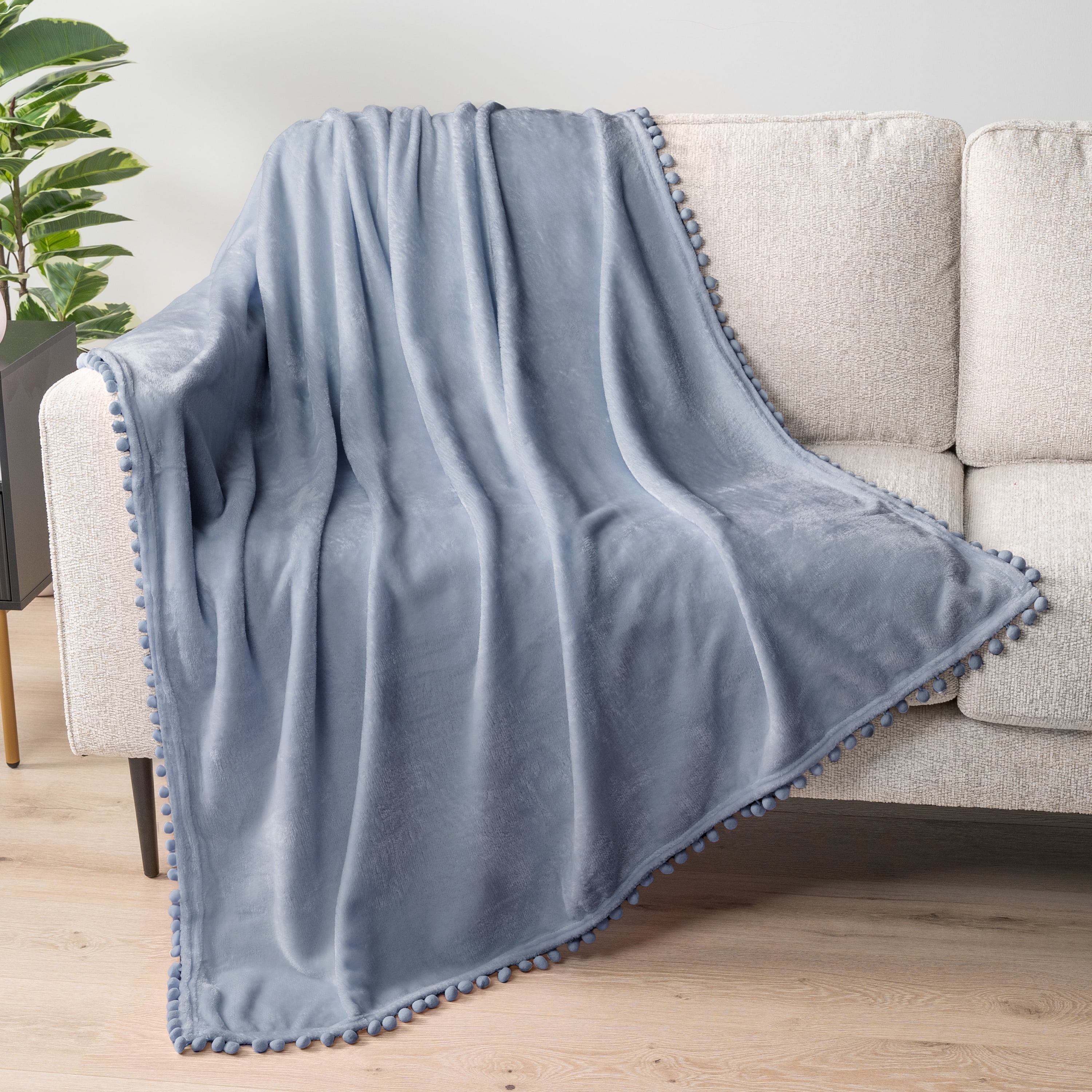 Pavilia Modern Pom Pom Fleece Throw Blanket, Dusty Blue, Lightweight ...