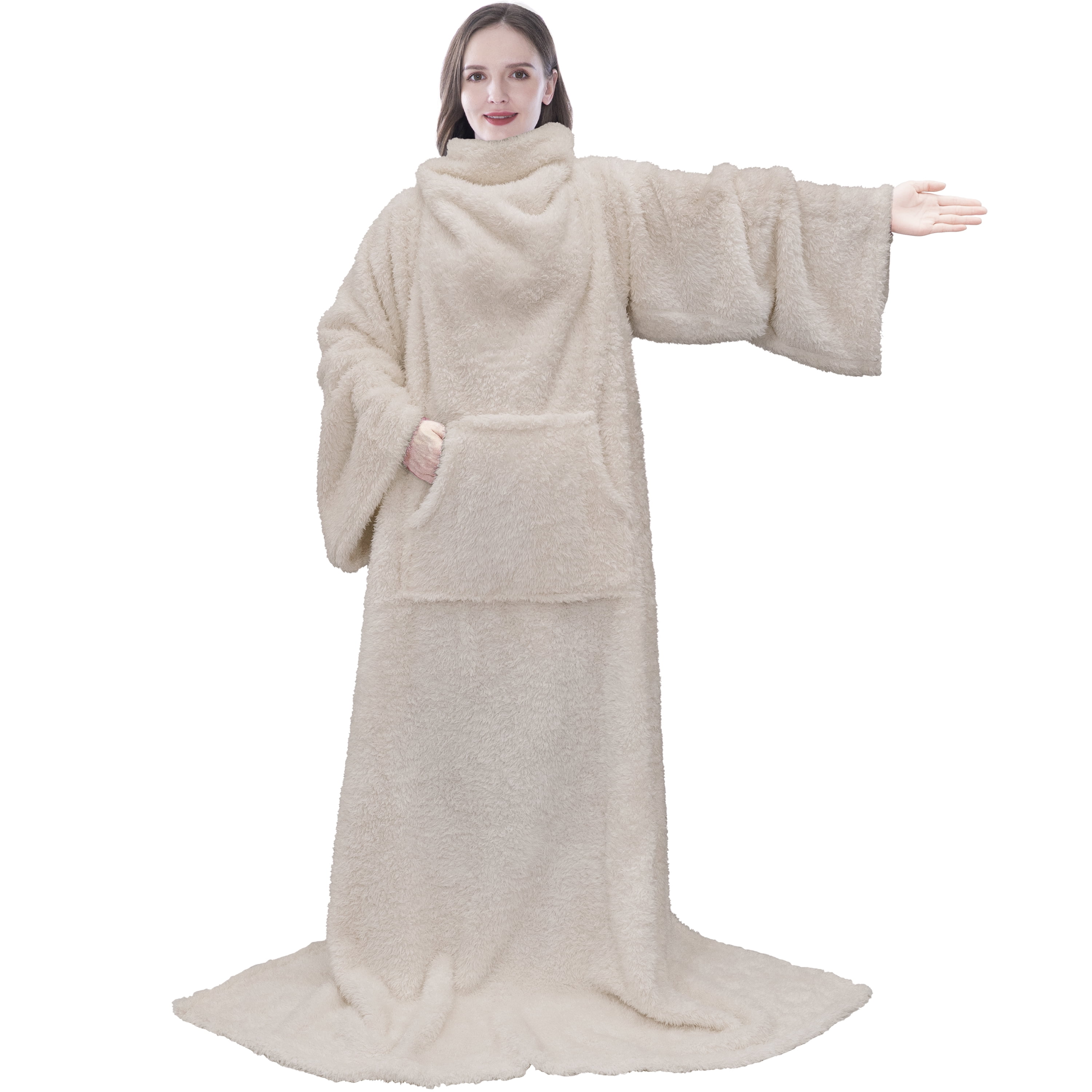Pavilia Fluffy Wearable Blanket with Sleeves, Sherpa Fleece, Beige ...