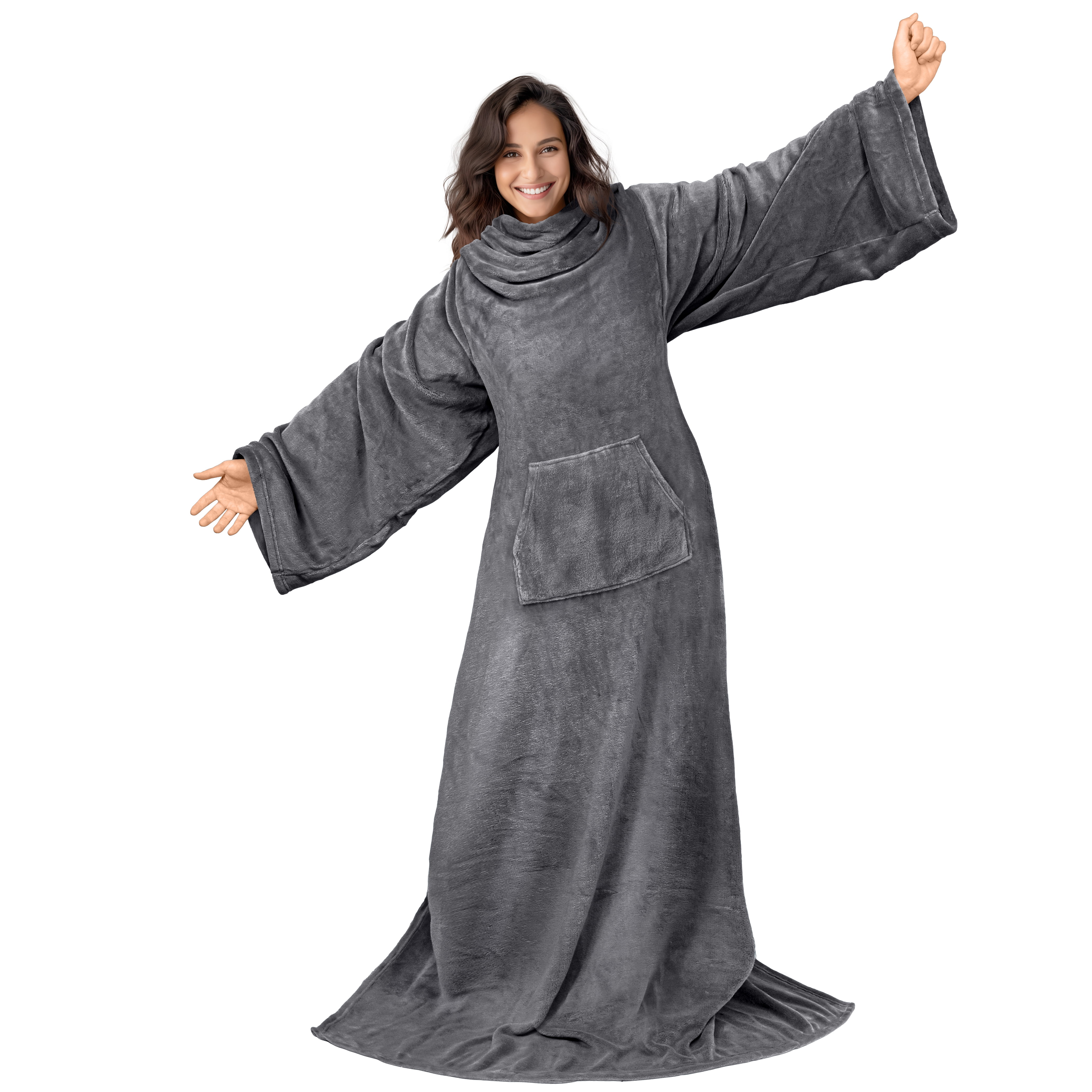 PAVILIA Grey Fleece Wearable Blanket with Sleeves for Adults Women Men ...
