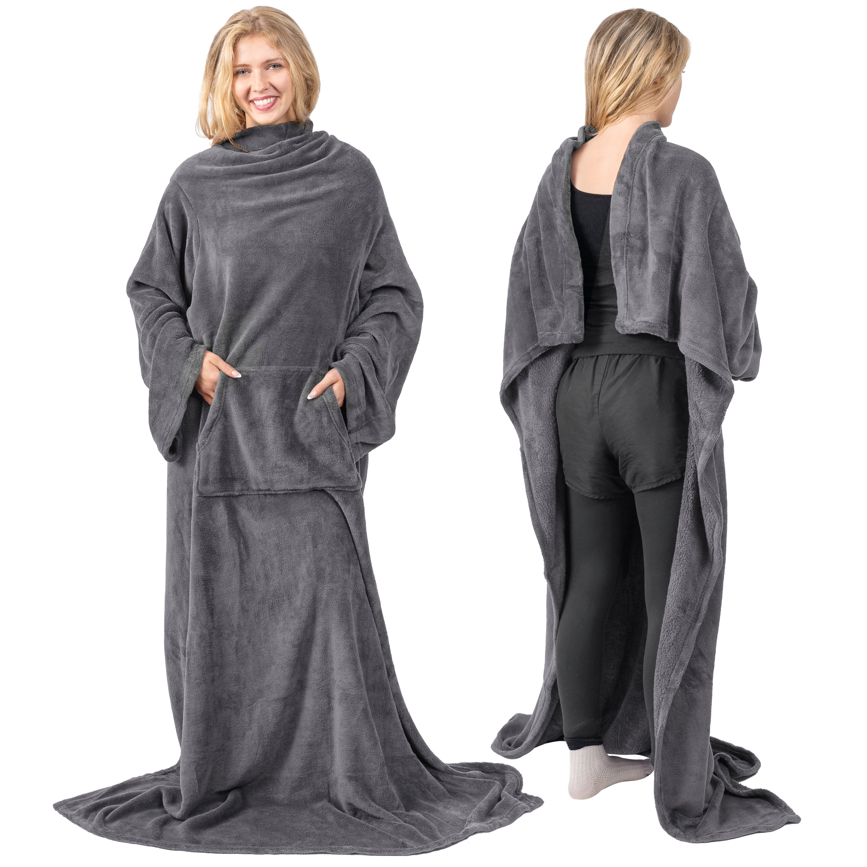 PAVILIA Plush Wearable Fleece Blanket with Sleeves, Warm Full Body Wrap ...