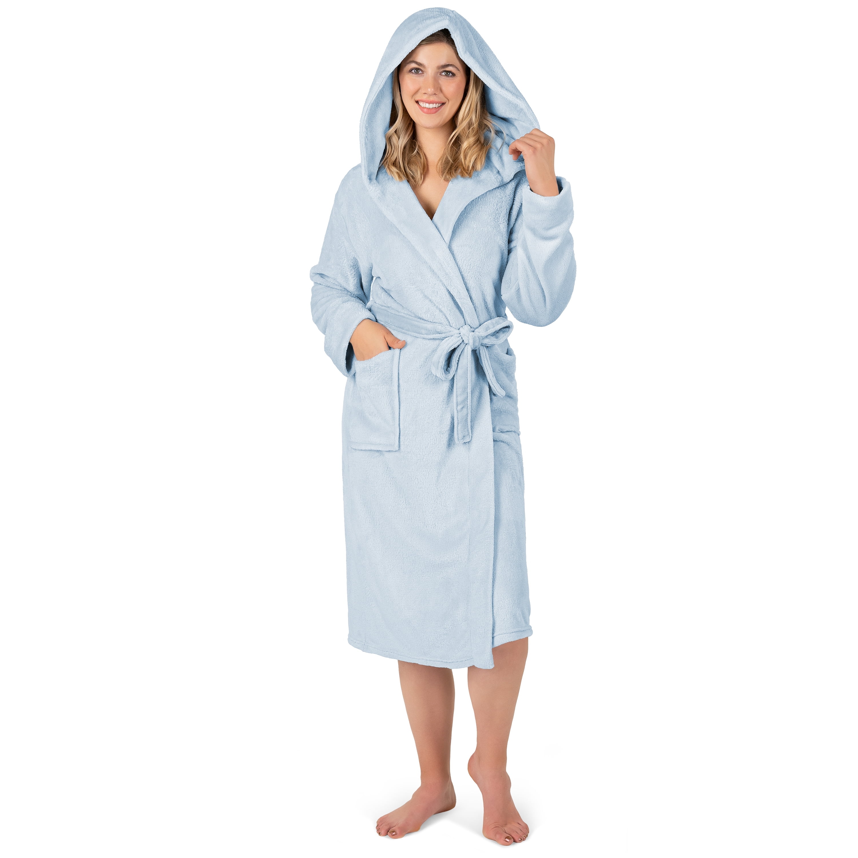 PAVILIA Light Blue Women Robe with Hood, Fleece Lightweight Soft Long ...