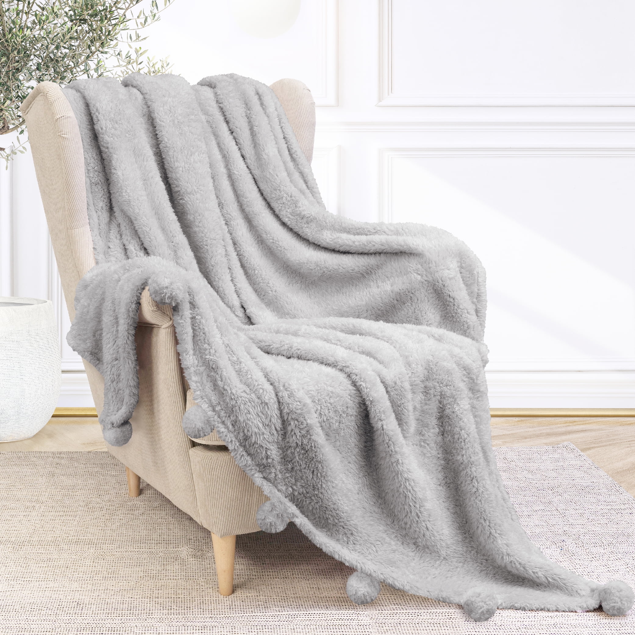 PAVILIA Light Gray Sherpa Twin Throw Blanket with Soft Pom Pom Fringe ...