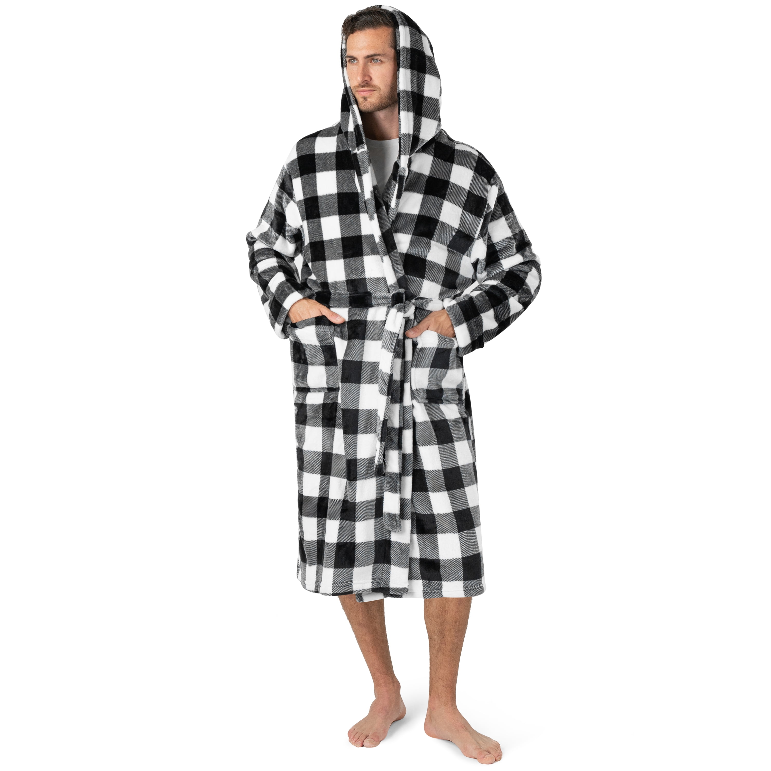 PAVILIA Mens Robe, Hooded Bathrobe for Men, Fleece White and Black Robe ...