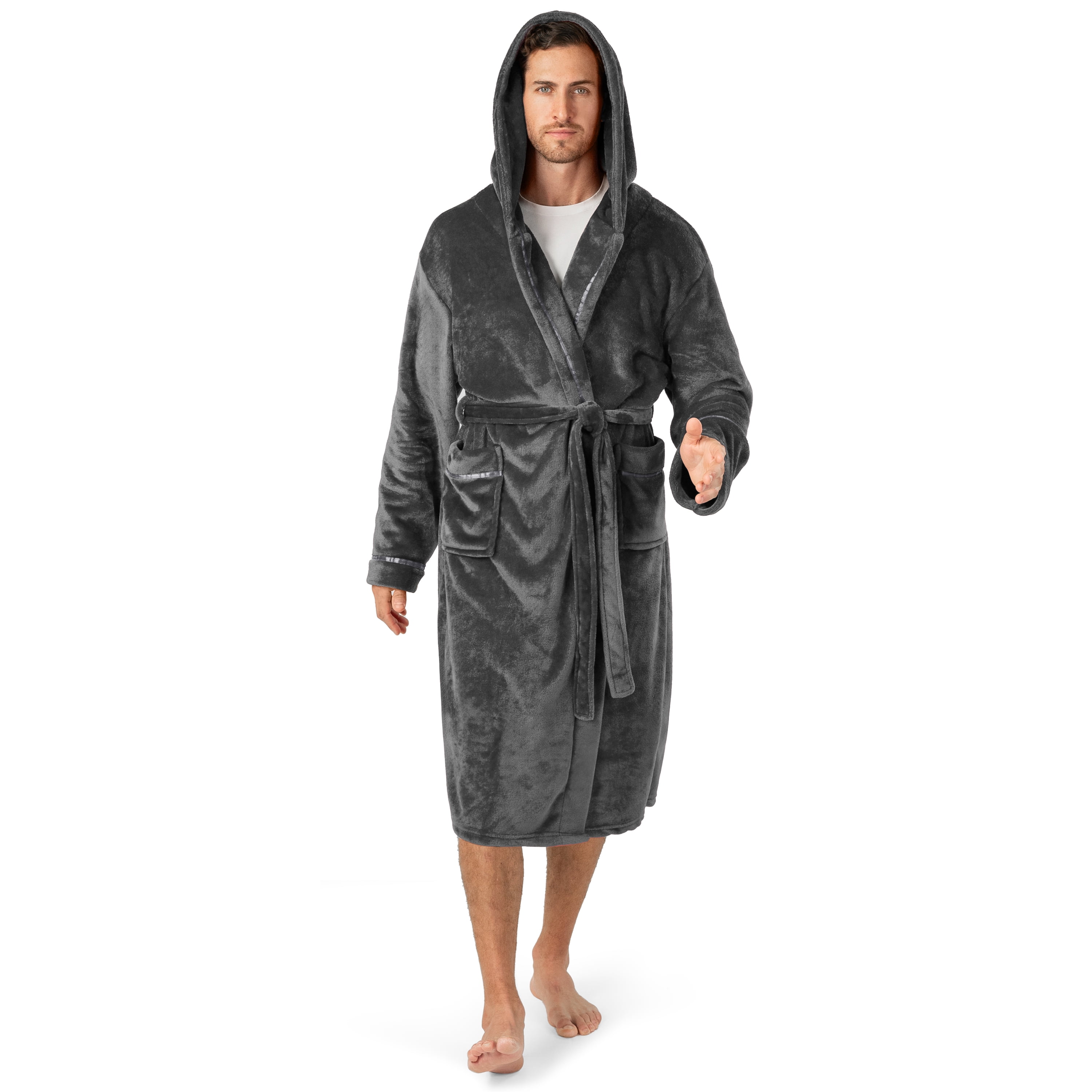 PAVILIA Men's Hooded Fleece Robe, Full Length Winter Bathrobe with ...